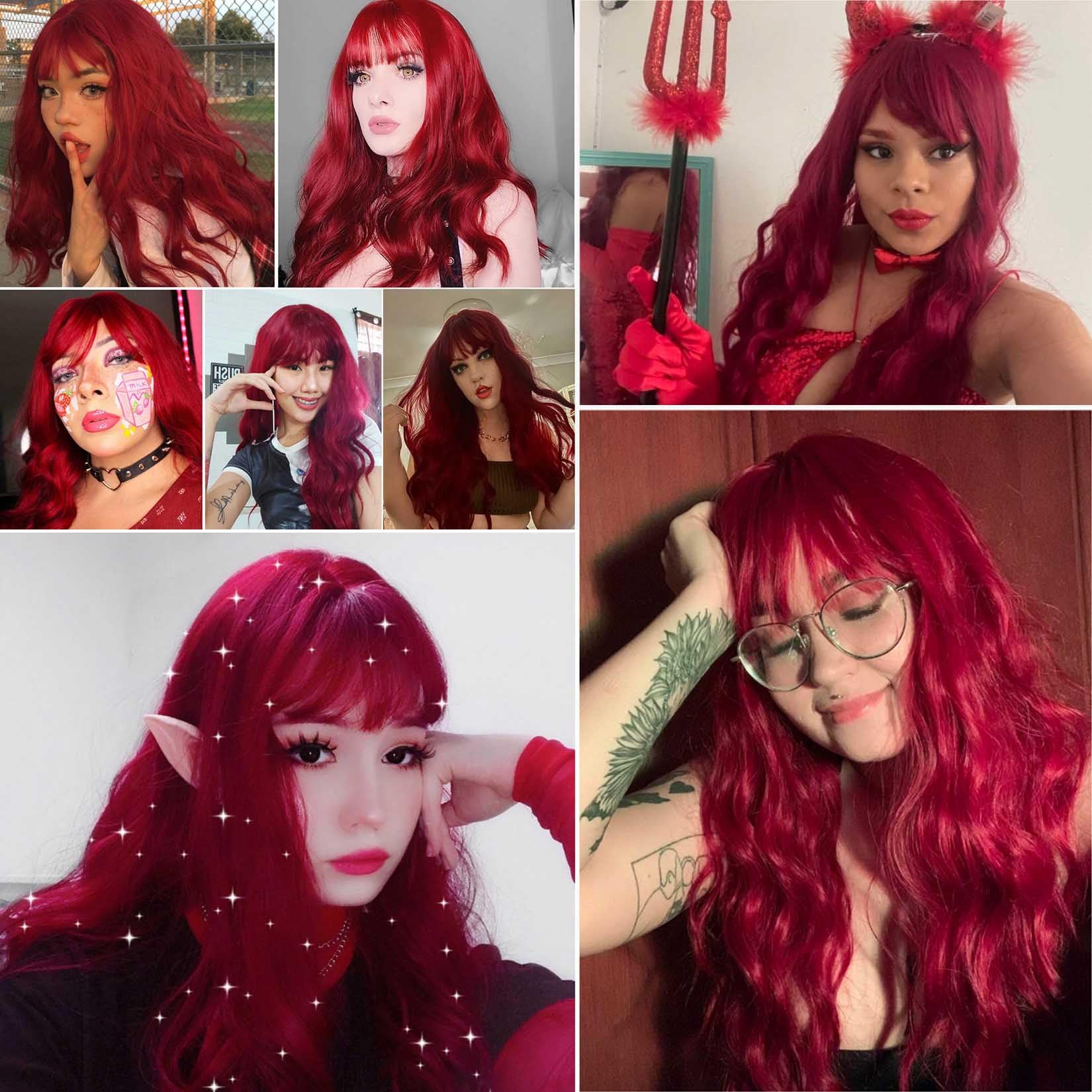 andromeda Red Wig with Bangs Soft Long Wavy Wigs for Women Curly Synthetic Wig Replacement Halloween Costumes Cosplay Party Wigs (Red)