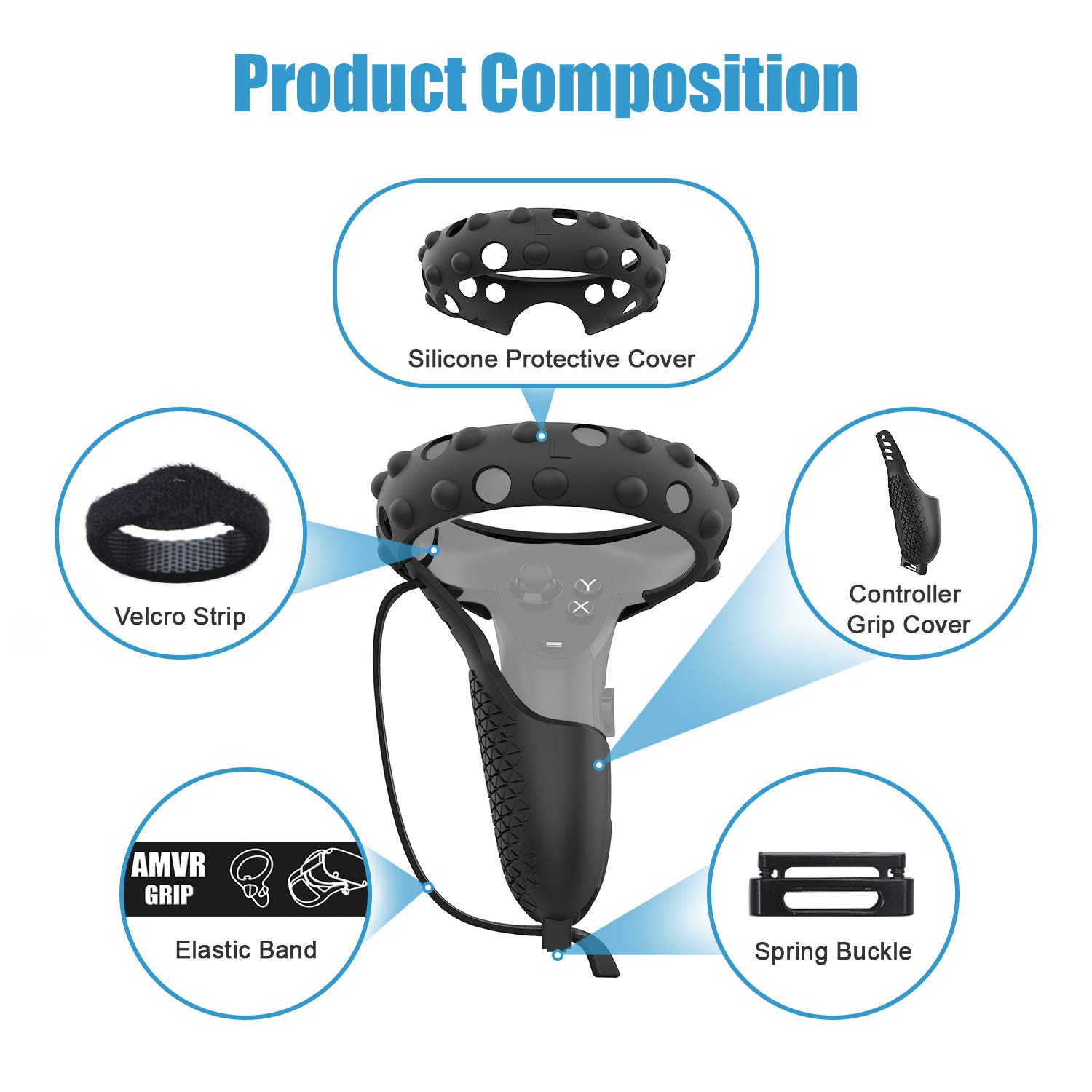 AMVR Touch Controller Grip Cover & Anti-Collision Silicone Protection Cover Ring Comfort Set for Oculus Quest 1 or Rift S Accessories, with Adjustable Wrist Strap Anti-Throw Handle Protective Sleeve