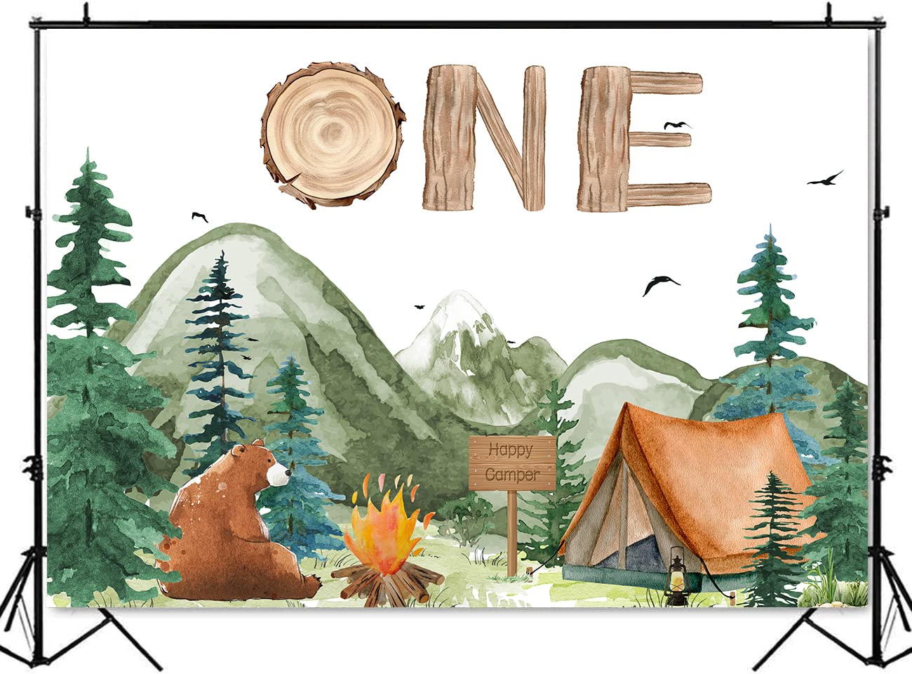 ANSHUHAI One Happy Camper Backdrop One Happy Camper Birthday Decorations Boy's 1st Birthday Party Photography Background Forest Camping Birthday Backdrop One Happy Camper Banner (8x6ft)