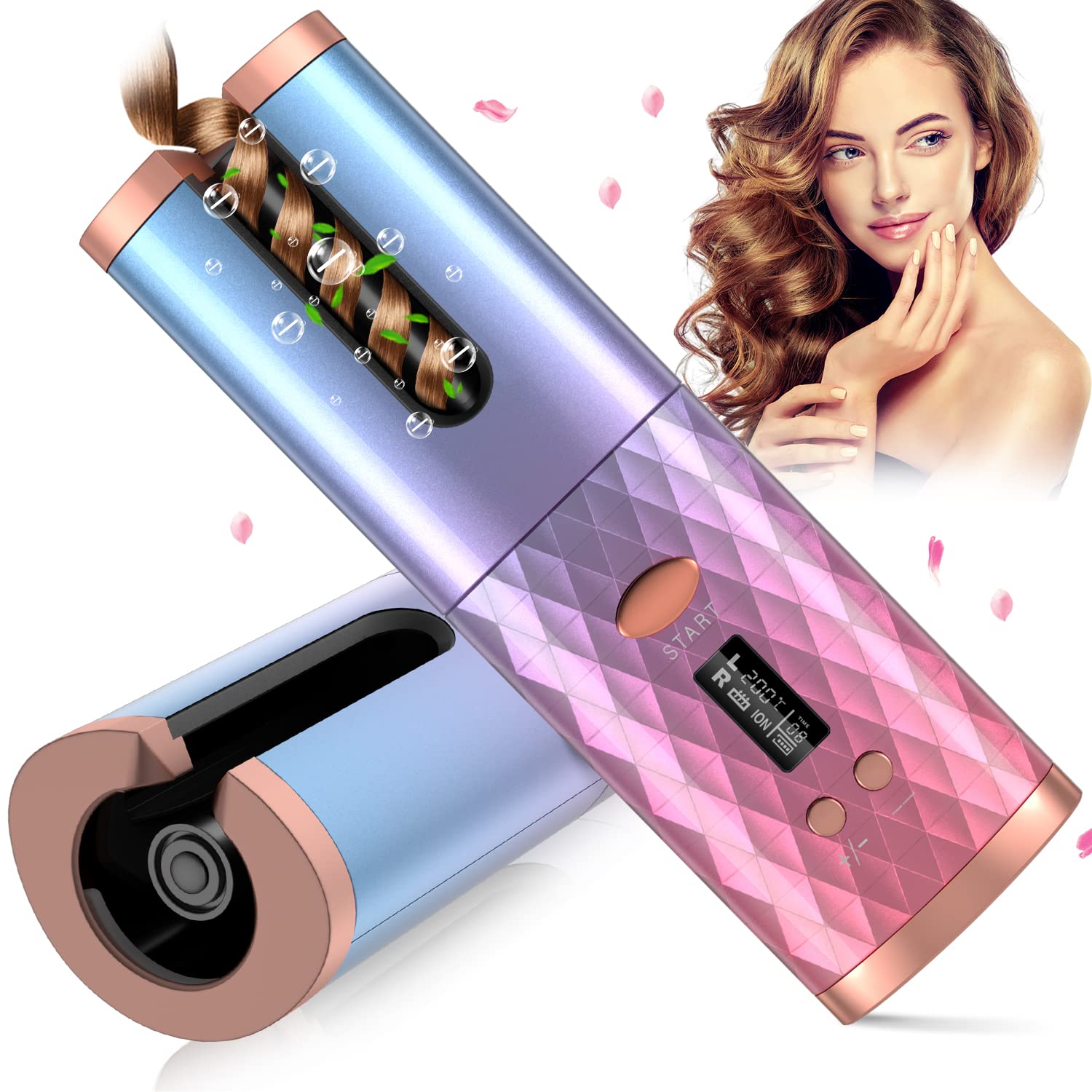 Automatic Curling Iron, Cordless Auto Hair Curler w/ 6 Temp & Timer, Rechargeable Ceramic Hair Curlers, Portable Rotating Curling Wand Styling Tool, Fast-Heating, Auto Shut Off