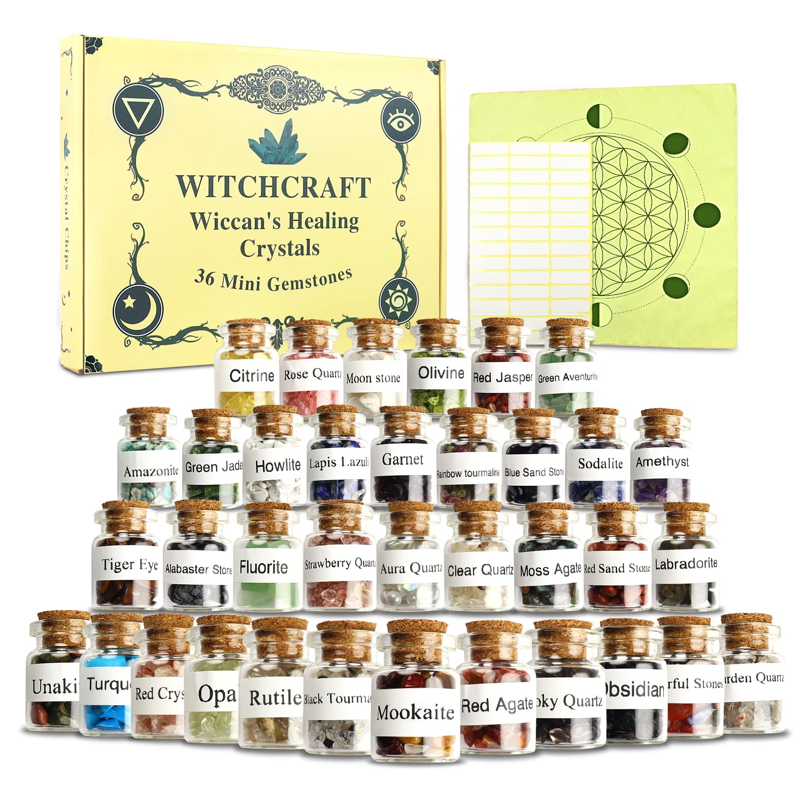 AMill 36 Bottles Nature Crystal Chips, Small Crystals for Witchcraft & Healing, Mini Gemstones Set for Wiccan Rituals and Spell Jars, 36 Bottles Crystals & Healing Stones for Altar Rituals.
