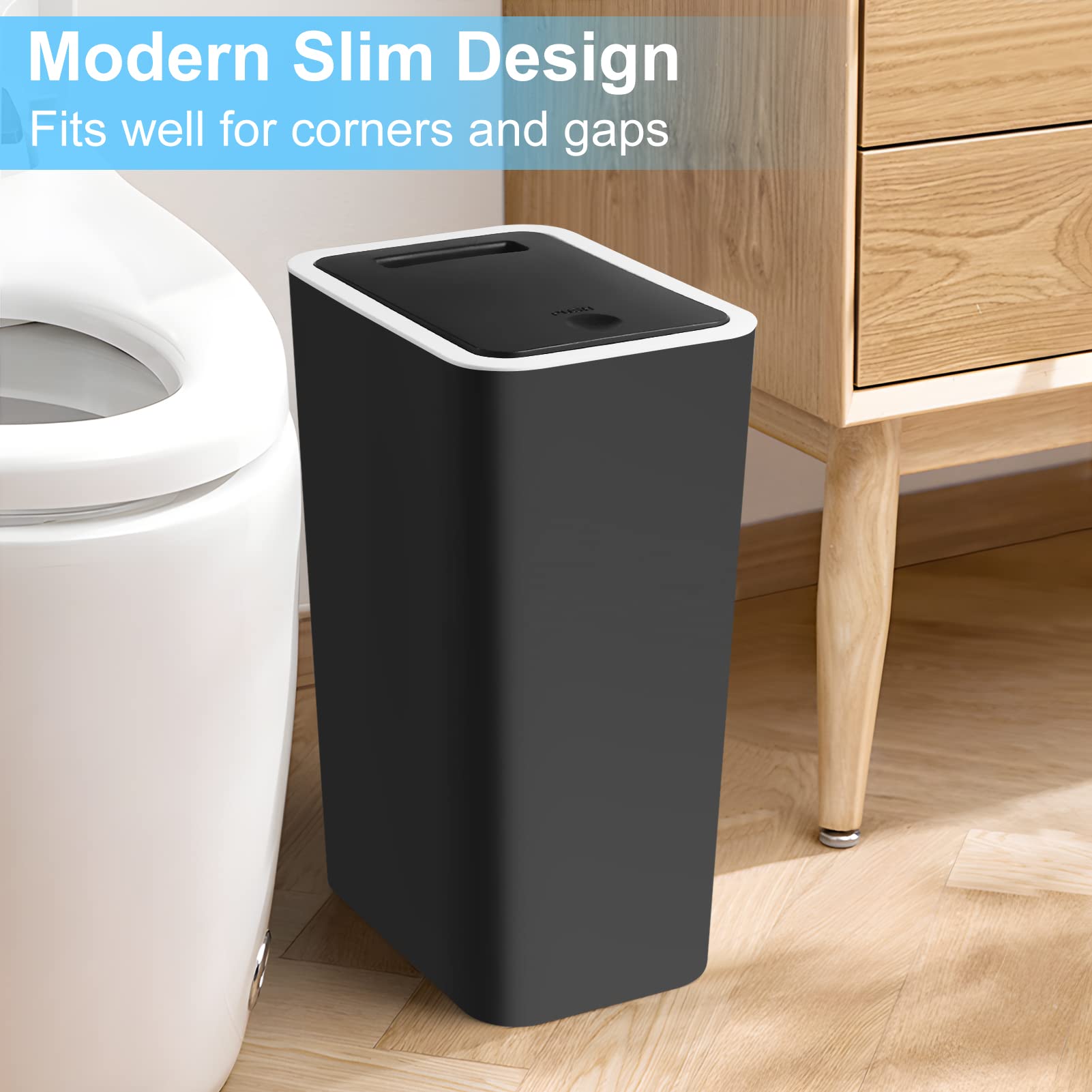 Anzoymx Bathroom Trash Cans with Lids 2 Pack Kitchen Garbage Can 4 Gallons with Pop Up Lid,Small Narrow Waste Basket Dog Proof for Bathroom Kitchen Bedroom Living Room and Office(15L,Black)