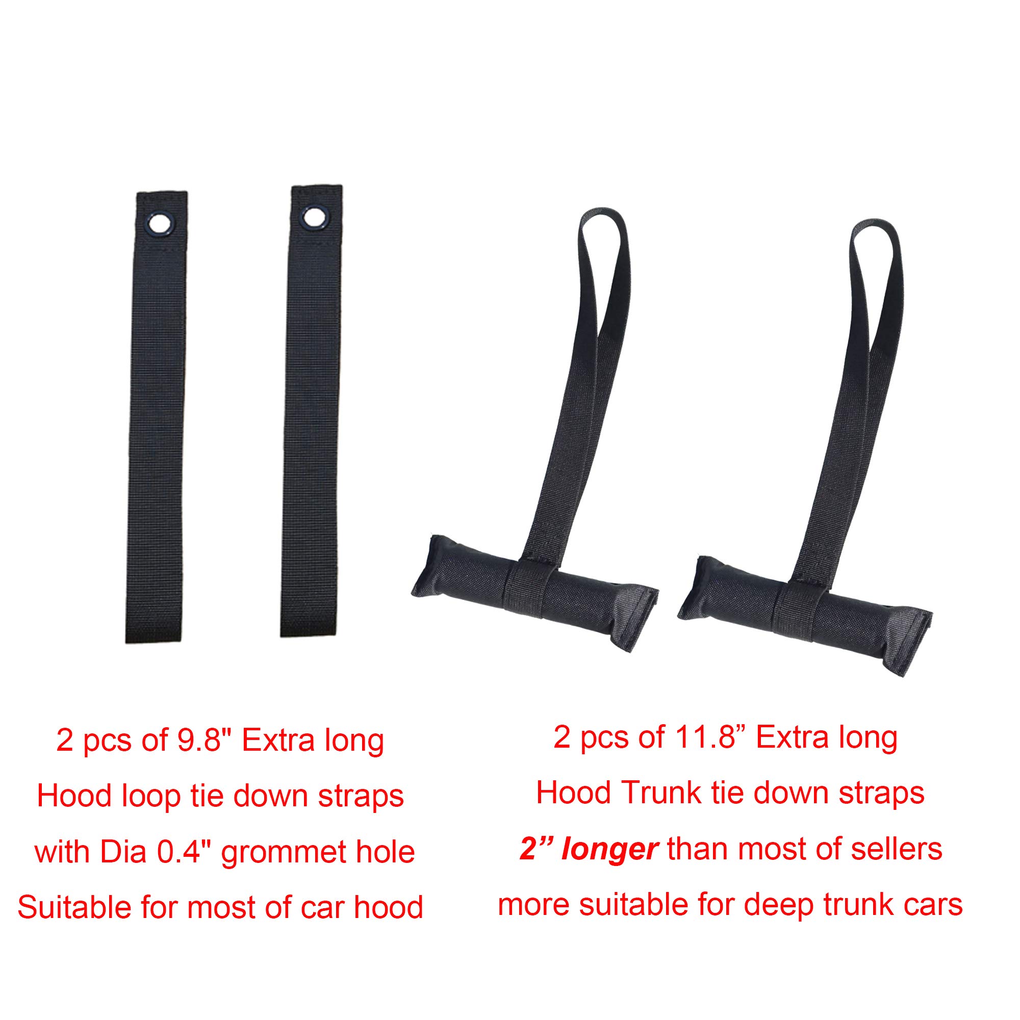 Alfa Gear Hood and Trunk Tie Down Strap Kits 4pcs/Set Black Tie Down kit for Trailing The Kayak/Canoe/SUP/Surfboard
