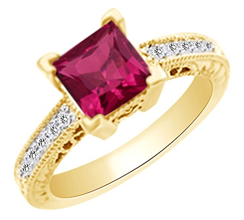 AFFY 1.85 cttw Simulated Pink Sapphire & White Natural Diamond Vintage Engagement Wedding Ring in 14k Yellow Gold Ring Size 4.5
