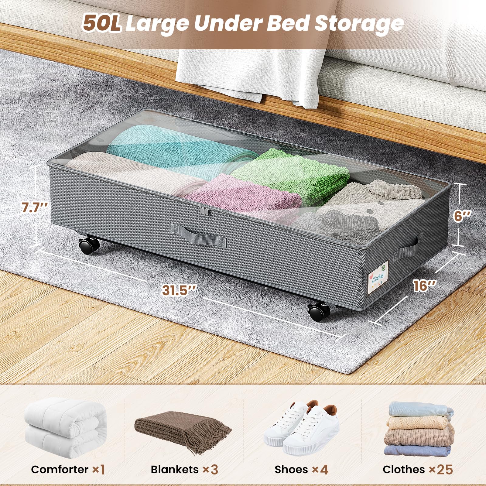 PHINOX Under Bed Storage Containers with Wheels, Under Bed Shoe Storage Bins Organizer with Clear Window Reinforced Handles, Large Underbed Storage Drawer for Clothes, Blankets, Sheet, Bedroom-2 Pack