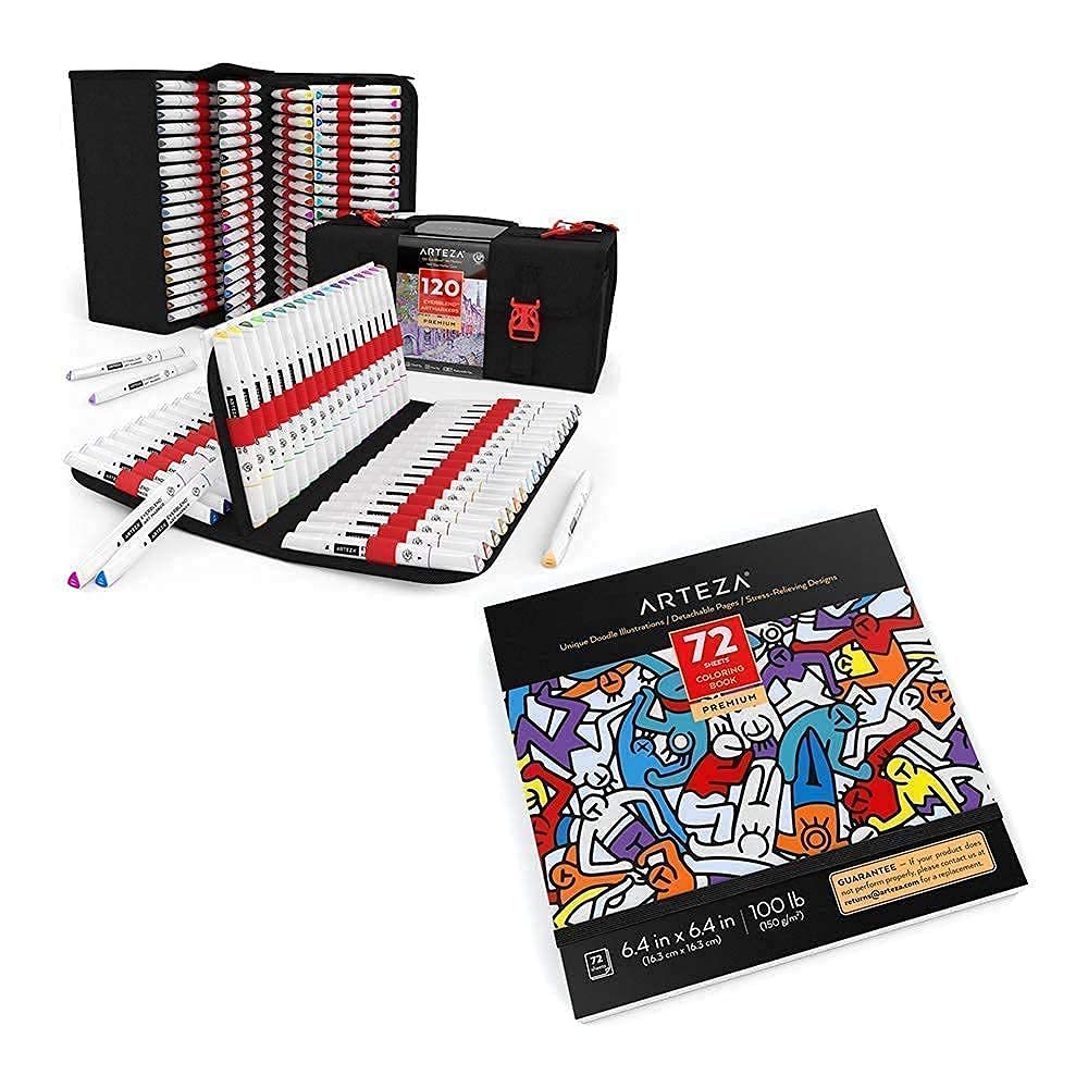 ARTEZA Alcohol Based Sketch Markers and Coloring Book Bundle for Artists & Beginners