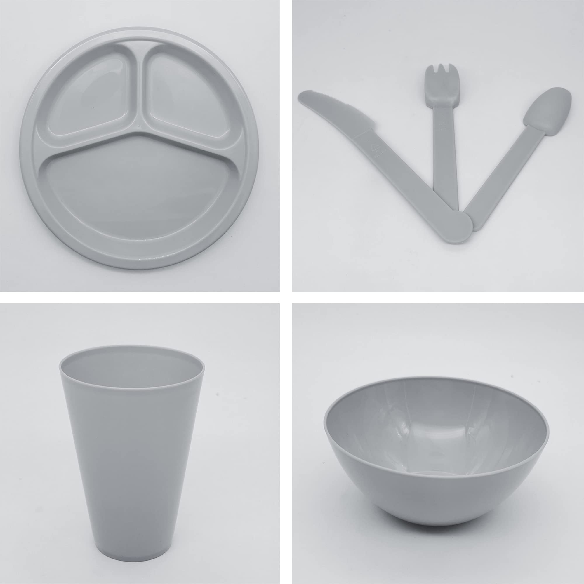 Apartment Essentials for First Apartment Dorm room Essentials Plastic Divided Plates Set Reusable Dishes Set for 4 Microwave Safe Camping Plates Cups and Bowls Set, BPA-Free, 24PCS