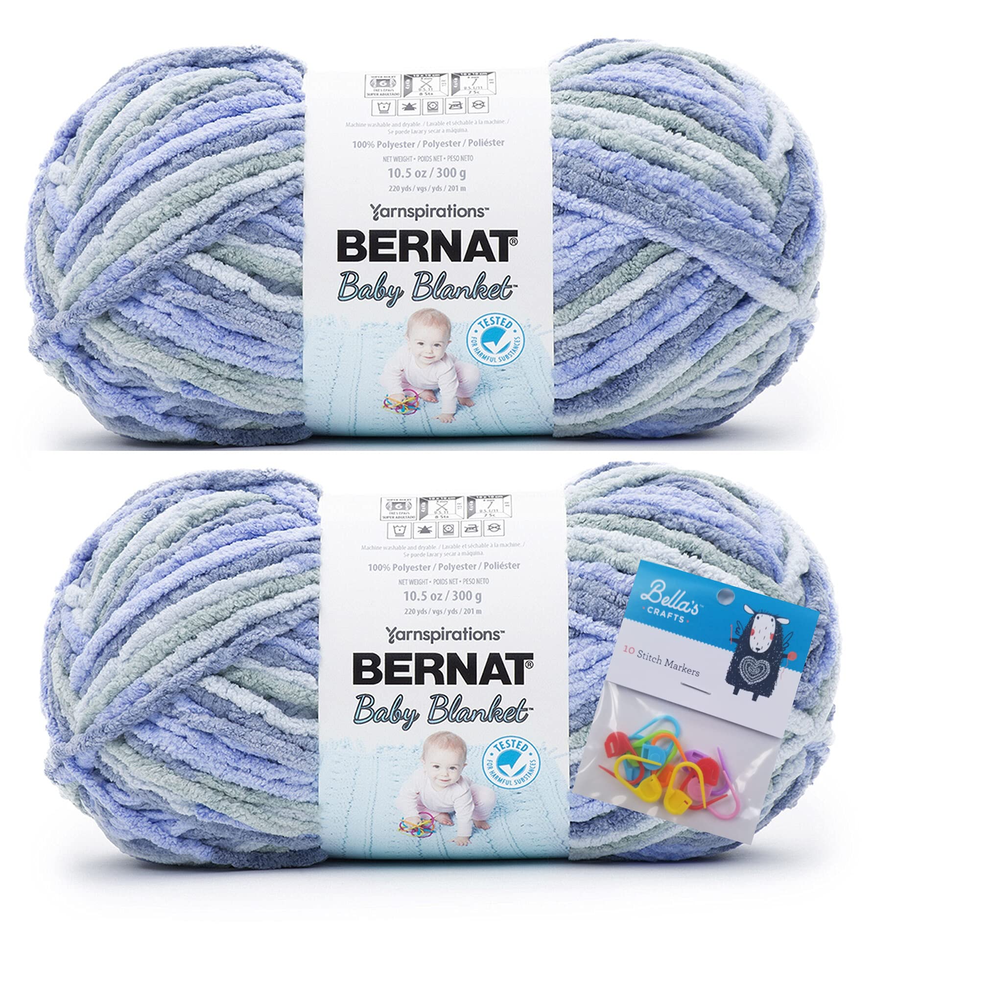 Bernat Baby Blanket Yarn - Big Ball (10.5 Oz) - Lovely Blue - 2-Pack Bundle with Bella's Crafts Stitch Markers
