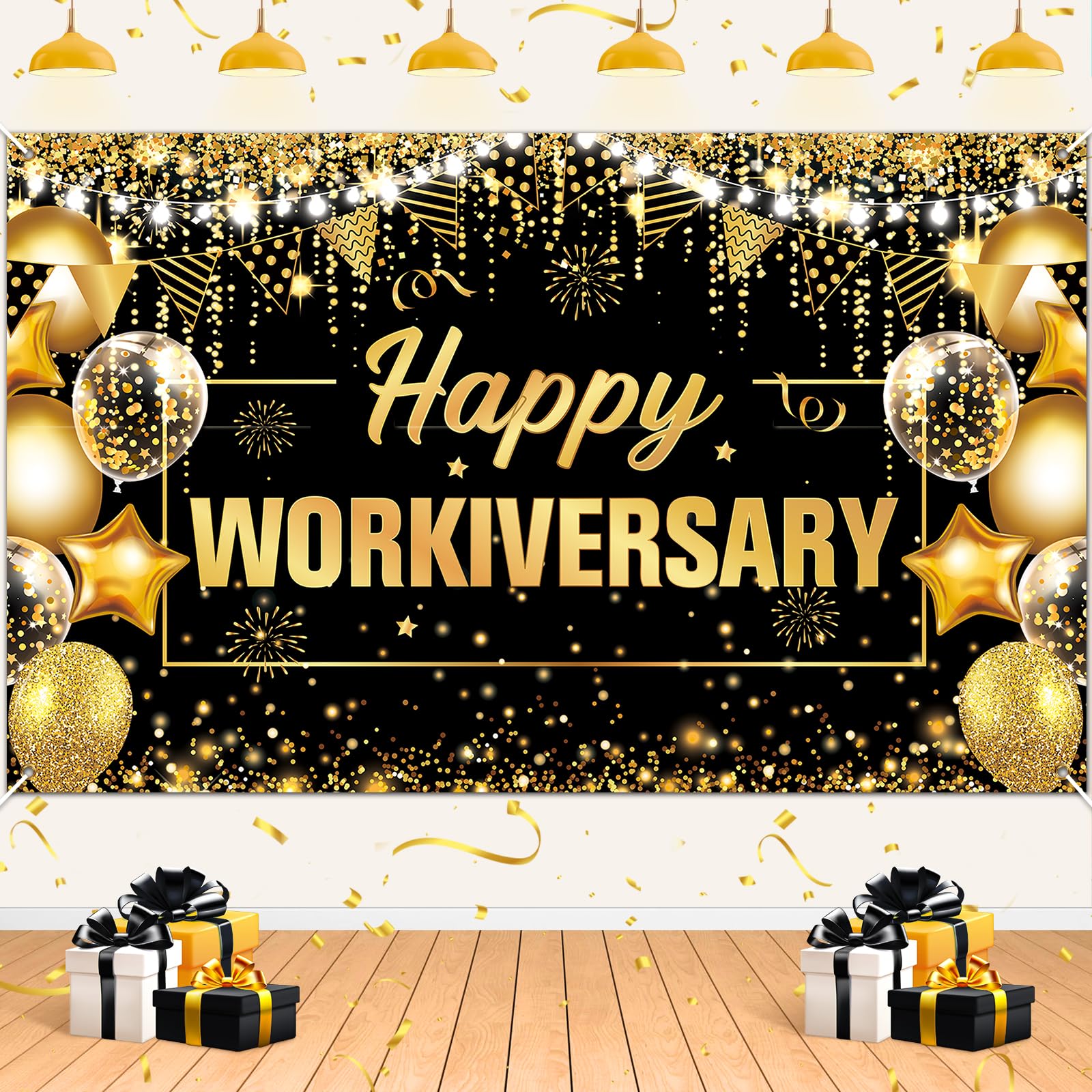 Happy Work Anniversary Banner Decorations Black Gold Happy Workiversary Banner Happy Work Anniversary Backdrop Decorations Employee Appreciation Banner Work Anniversary Supply for Employee Worker
