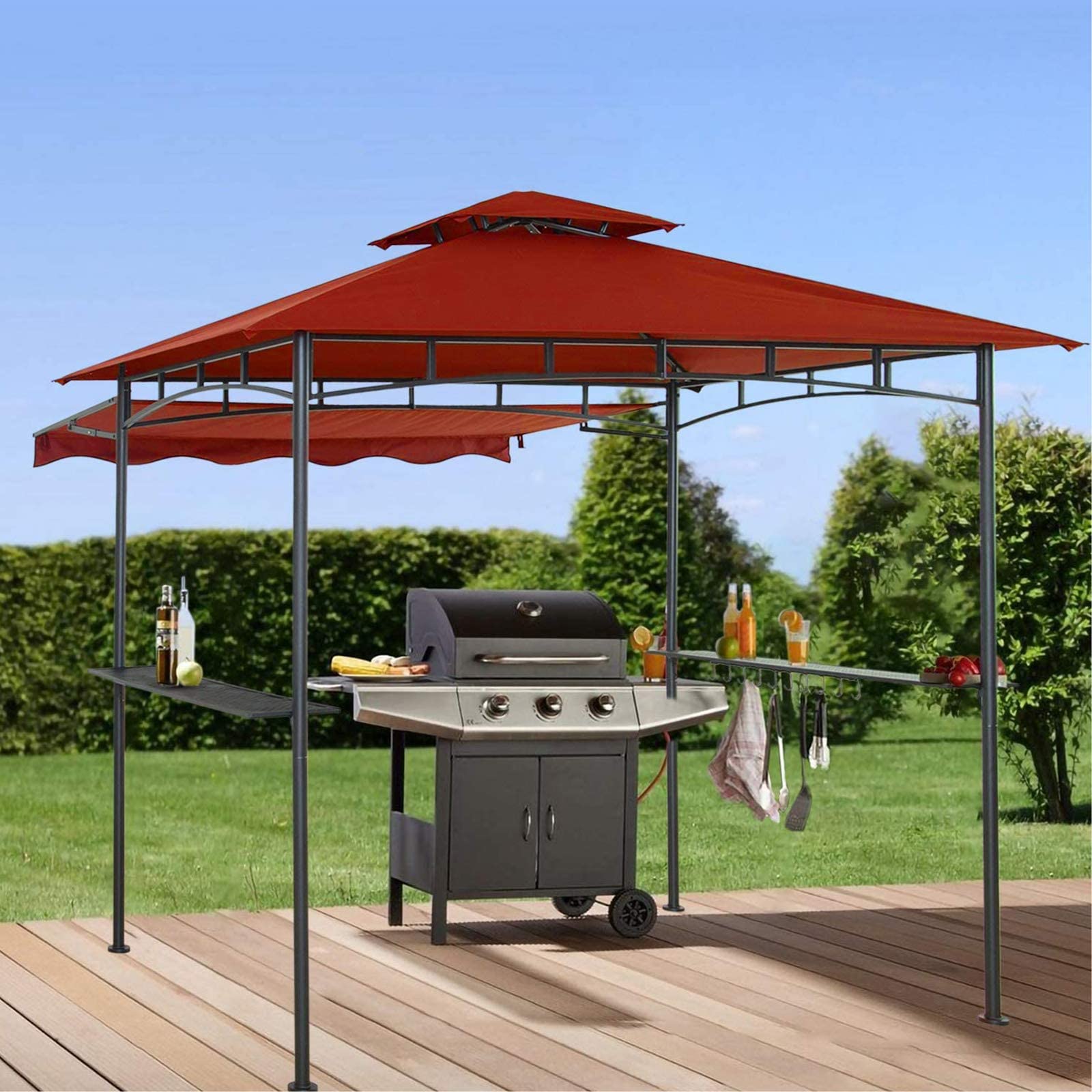 CHARMELEON Dark Grey Grill Gazebo, Double Tiered BBQ Gazebo, 5x8 Grill Canopy,Outdoor BBQ Canopy Tent with Stretchable Side Awning