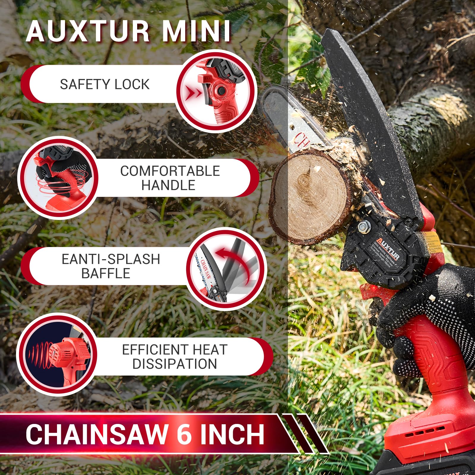 AUXTUR Mini Chainsaw 6 Inch Cordless Mini Electric Chainsaw,20V Ego Battery Operated Handheld Chain Saw,Top Hand Battery Motor Powered Chainsaws for Tree Trimming,Courtyard