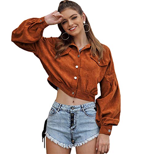 Andongnywell Women's Long Sleeve Outerwear Corduroy Jacket Solid Color Wild Stand Collar Single Breasted Outwear (Brown,Large)