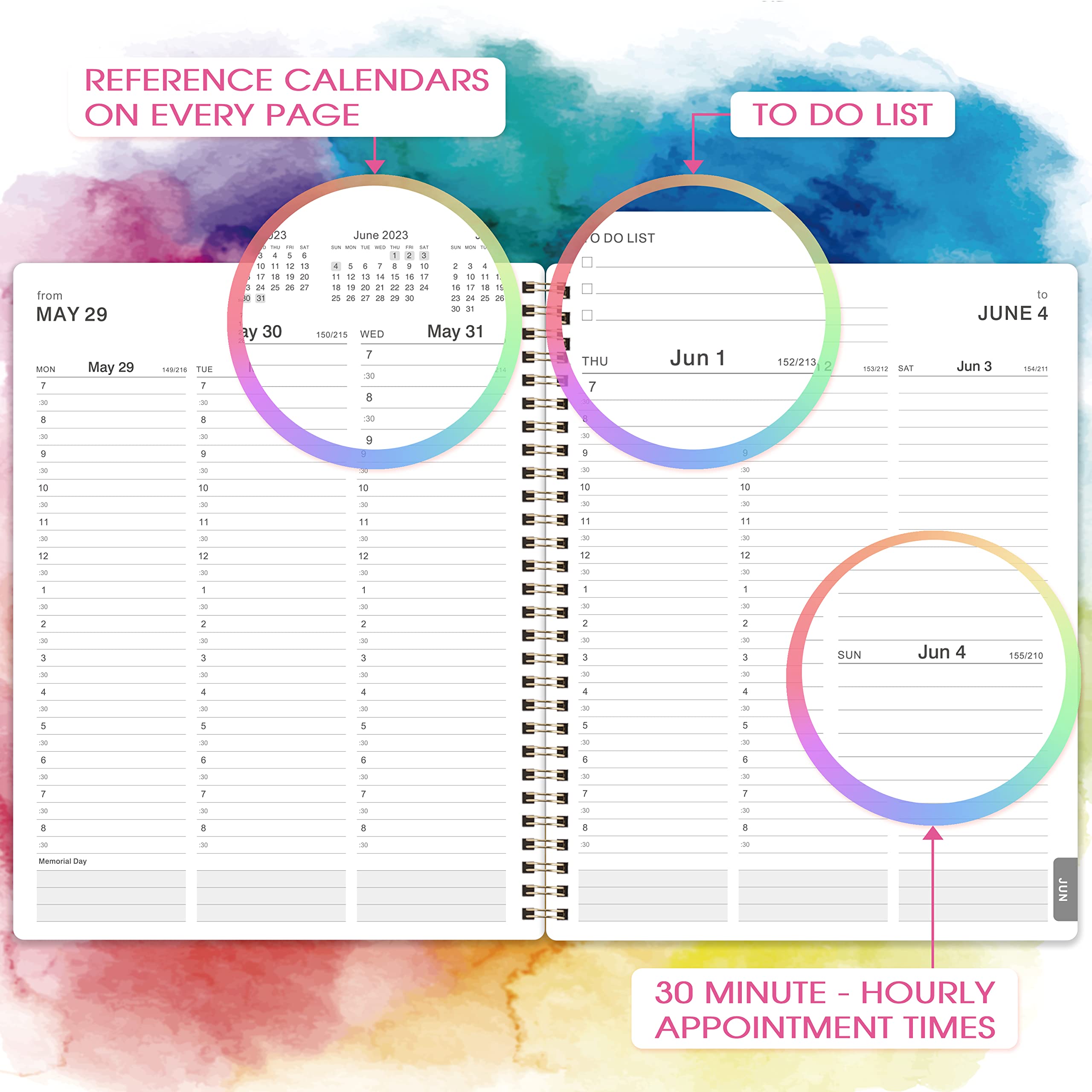 Appointment Book 2022-2023 - 2022-2023 Daily Hourly Planner, 8" x 10", July. 2022 - June. 2023, with 30-Minute Interval + Thick Paper + Round Corner + Twin-Wire Binding - Watercolor Ink