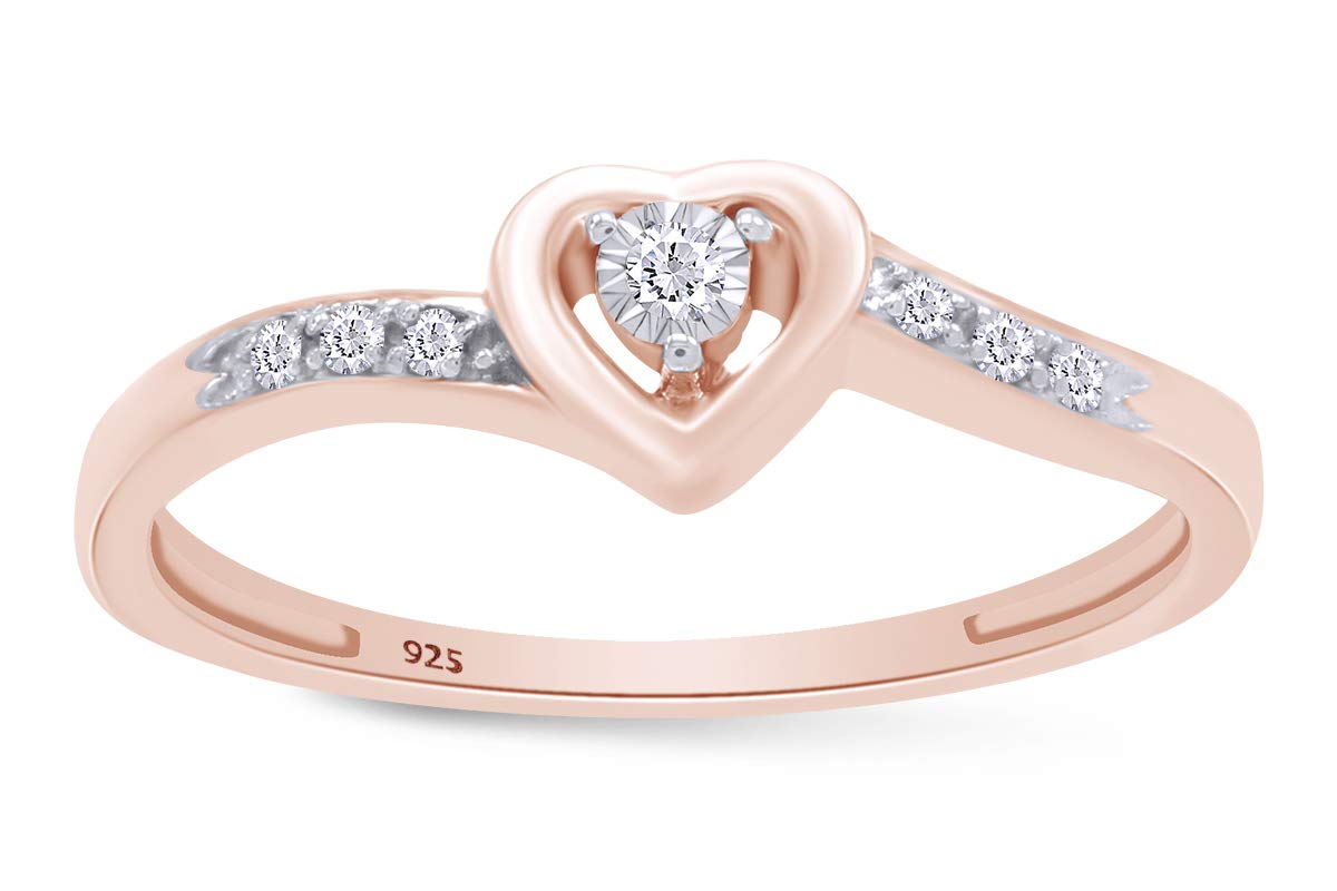 AFFY 14k Rose Gold Over Sterling Silver 1/20 Carat Round Cut Real Diamond In Heart Shaped Promise Ring Jewelry For Womens Ring Size-4.5…