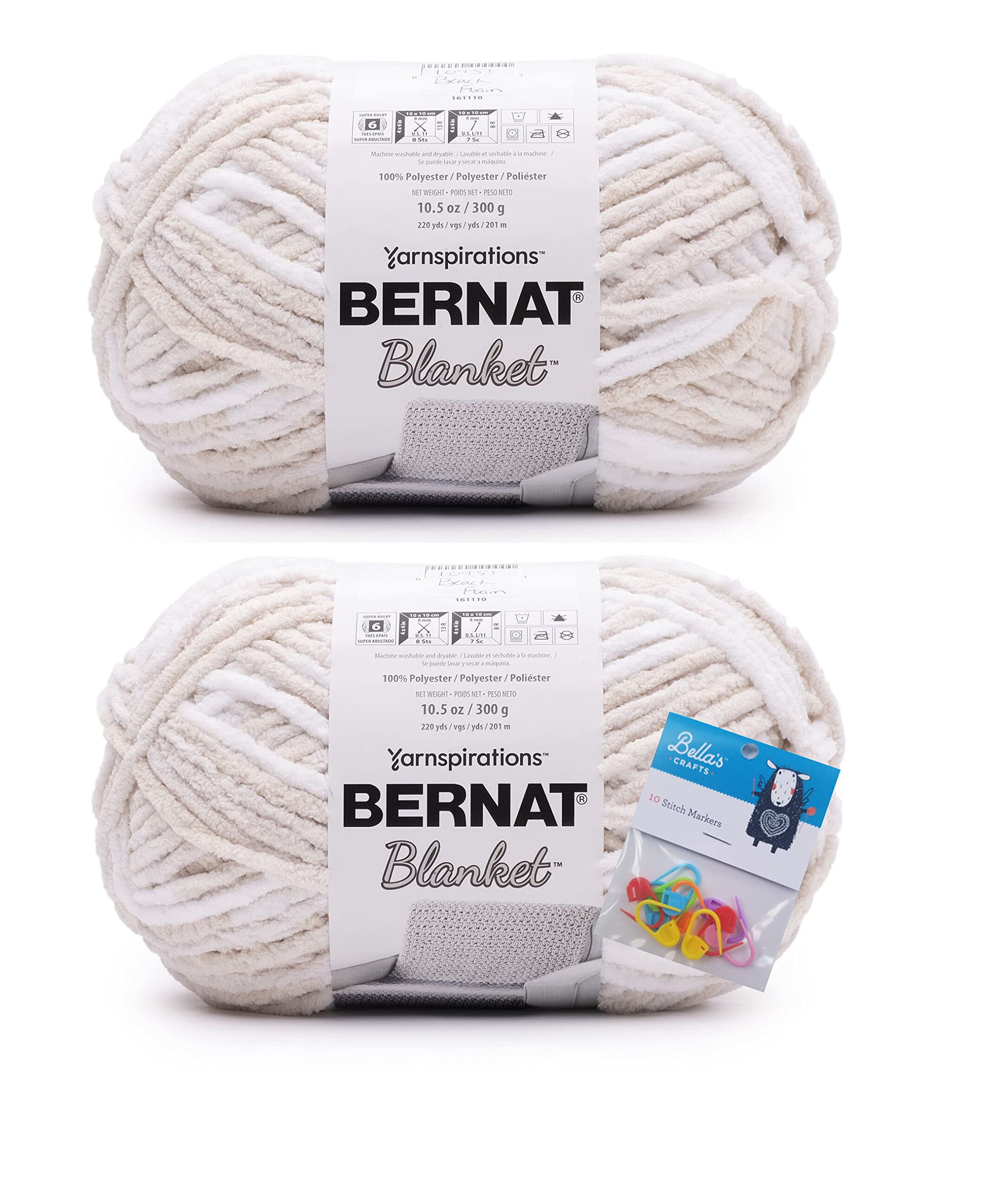 Bernat Yarn Bernat Blanket Yarn - Big Ball (10.5 oz) - Beach Foam - 2 Pack Bundle with Bella's Crafts Stitch Markers