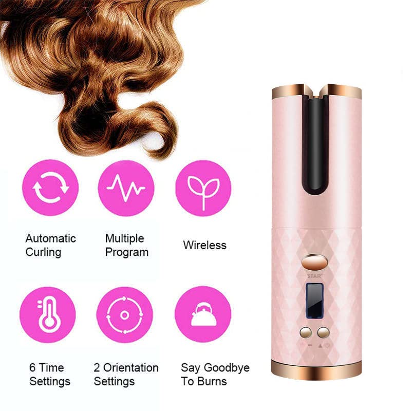 Automatic Rotating Curling Iron,Wireless Hair Curler,6 Temps Modes LCD Display Cordless Automatic Curler USB Rechargeable Crimping Mini Curling Iron Hair Curling Machine for Wave Hair