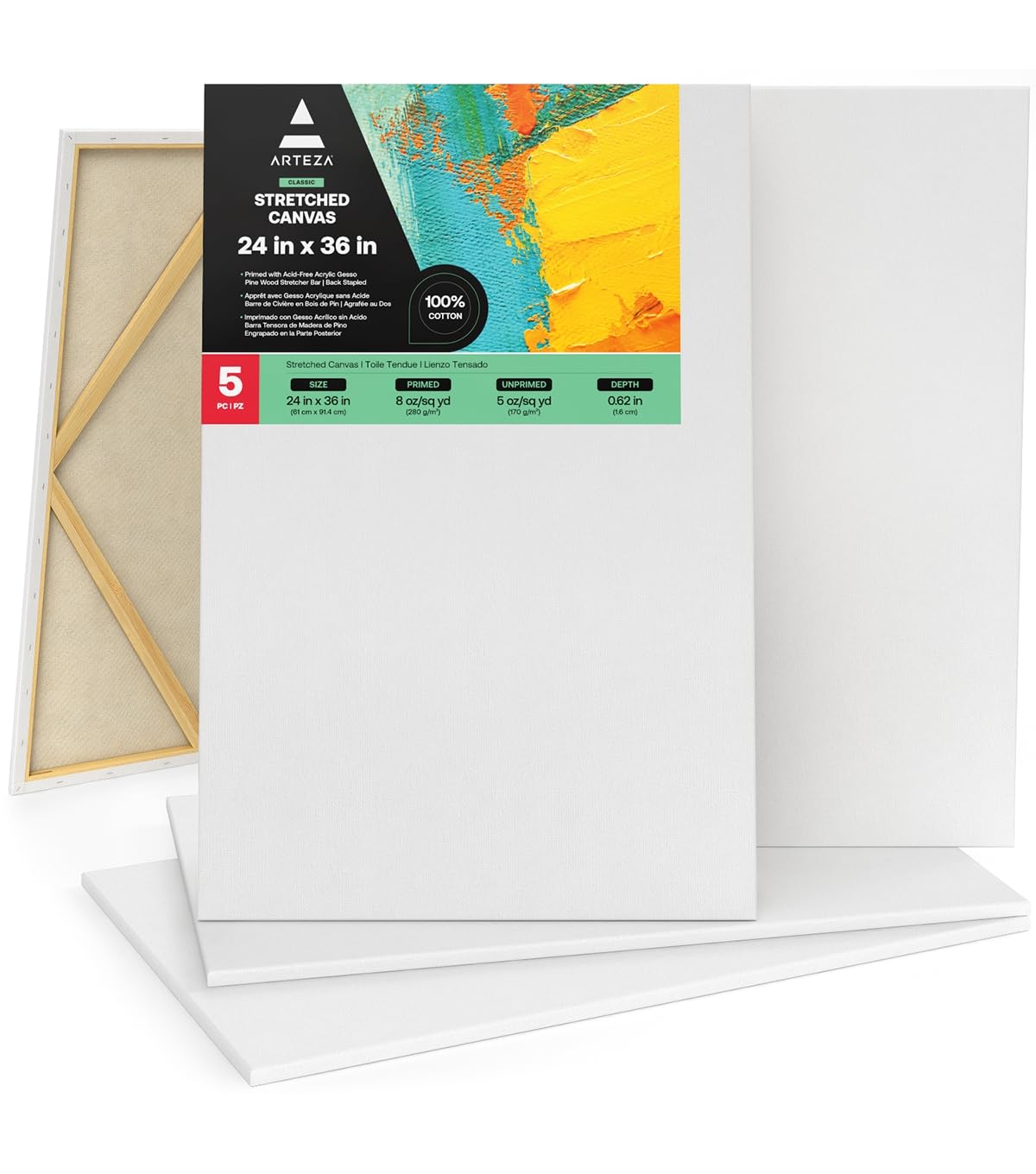 ARTEZA Stretched Canvas, 24 x 36 Inches, Pack of 5, Blank White Large Canvas for Painting for Acrylic, Oil and Gouache Paints