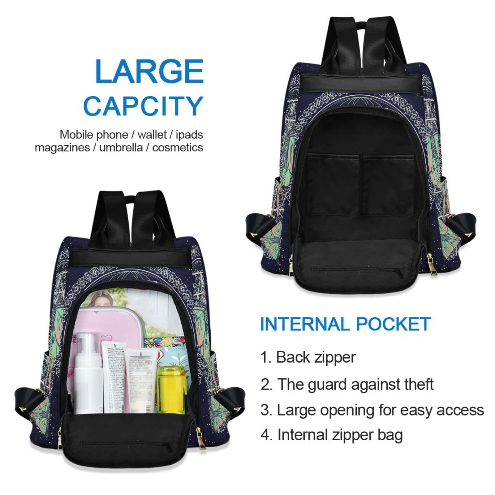 ALAZA Beautiful Night Moth Boho Backpack Purse for Women Travel Bag Anti Theft Back Pack Fashion Shoulder Bag with Adjustable Straps