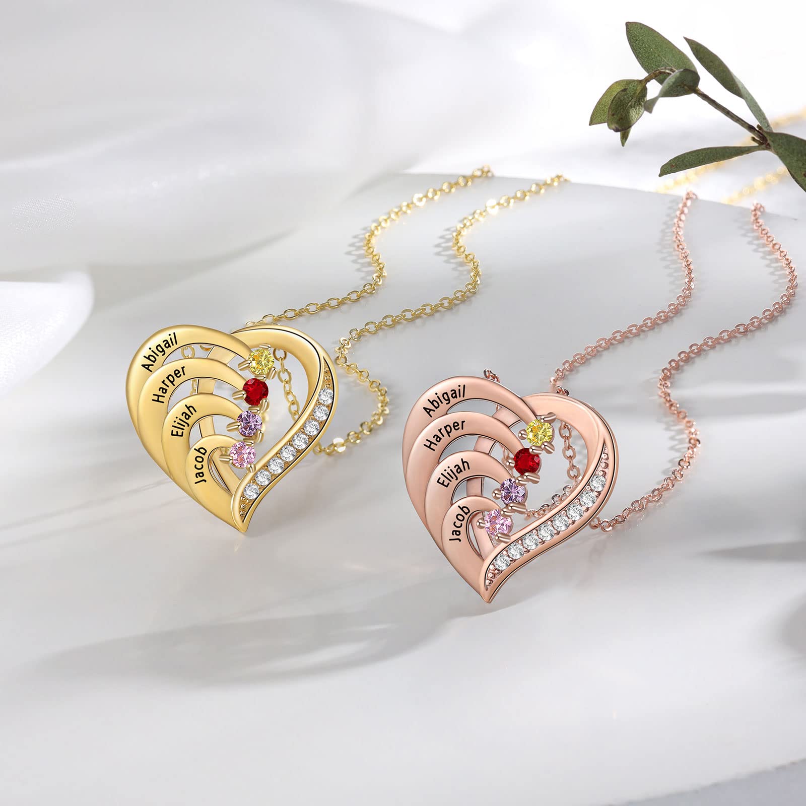 MRENITE 10K/14K/18K Solid Gold Personalized Mom Necklace with 4 Birthstone Name Heart Necklace Engraved 4 Names for Mom Wife