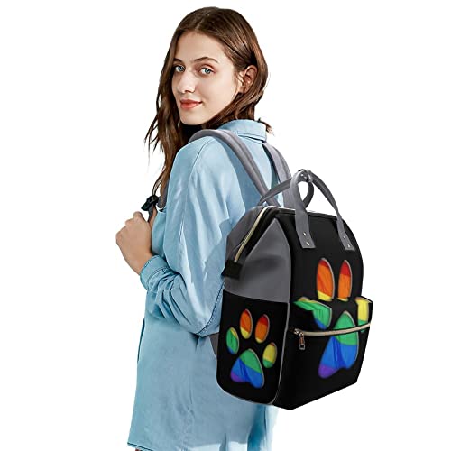 Bear Footprint with Rainbow Flag Diaper Bag Backpack Large Capacity Mommy Bags Multifunction Nappy Bag Travel Back Pack Gray-Style