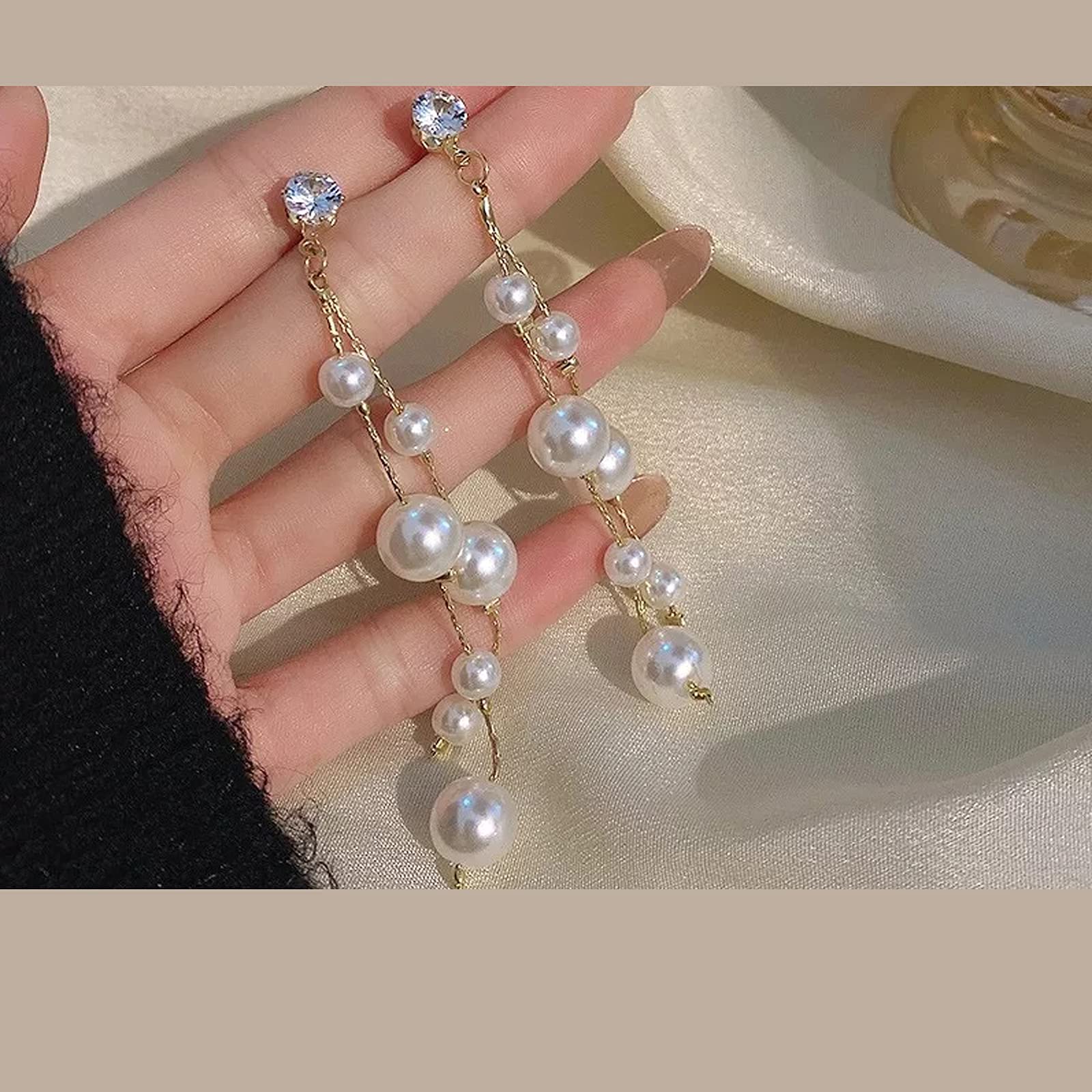 Aradio long pearl earrings Gold Long Tassel Pearl Earrings for Women 925 Sterling Silver needle Simulated Shell Pearl Earrings White Pearl Dangle Earrings Hypoallergenic Drop Pearl Earrings Dangle.