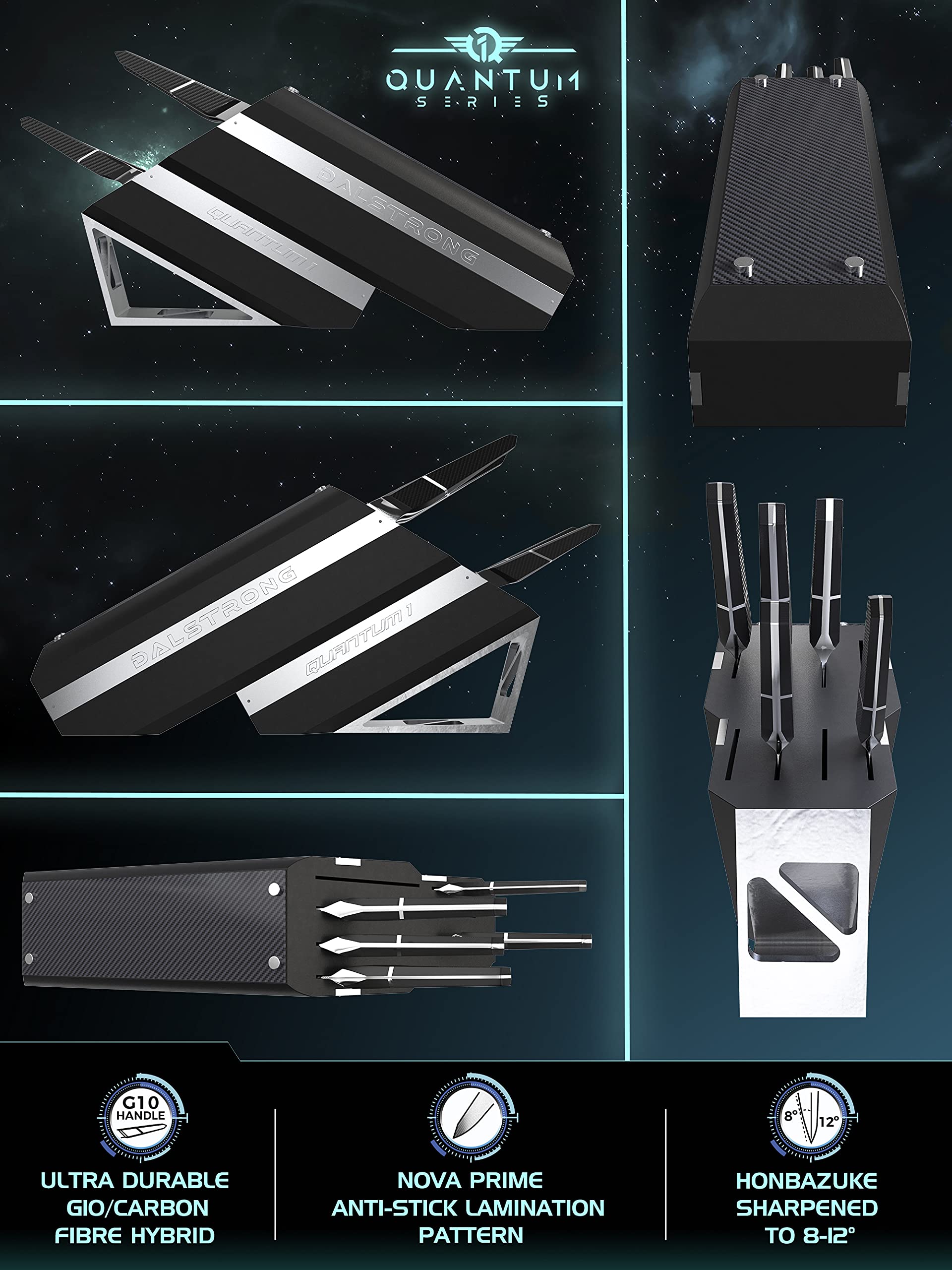 Dalstrong Knife Block Set - 5 Piece - Quantum 1 Series - American Forged BD1N-VX Hyper Steel - Carbon Fibre G10 Hybrid Handle - Professional Kitchen Set - Knife Set
