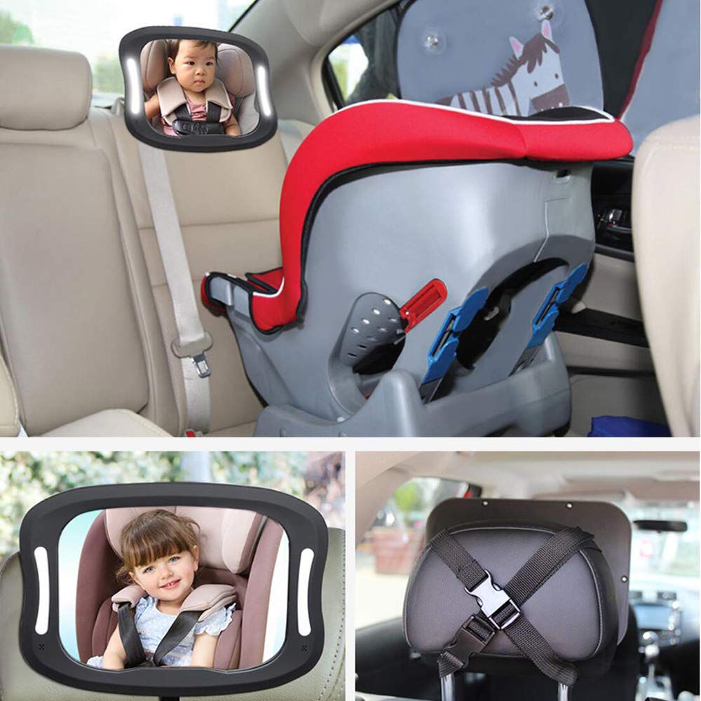 Baby Car Mirror LED Light Adjustable Shatterproof Back Seat Facing Rear Ward View Mirrors FOB Control Headrest Mount Large Angle