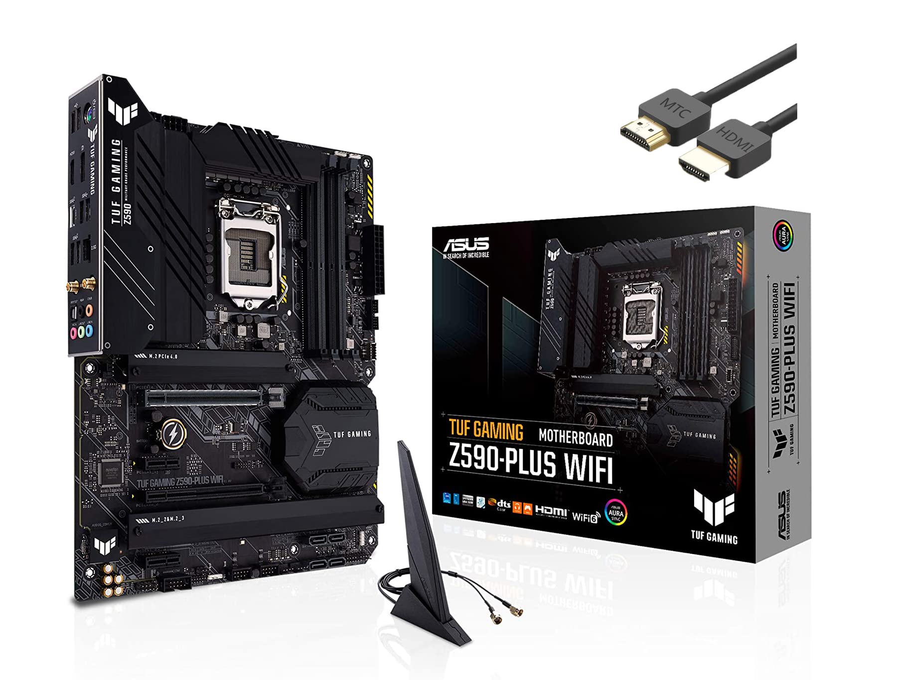 Asus TUF Gaming Z590-Plus WiFi 6 Socket LGA 1200 ATX Motherboard, Intel 11th/10th Gen Processors, 4 x DIMM 128GB DDR4, 14+2 Power Stage, USB 3.2, Bluetooth 5.1, Windows 10, Black, with MTC HDMI Cable