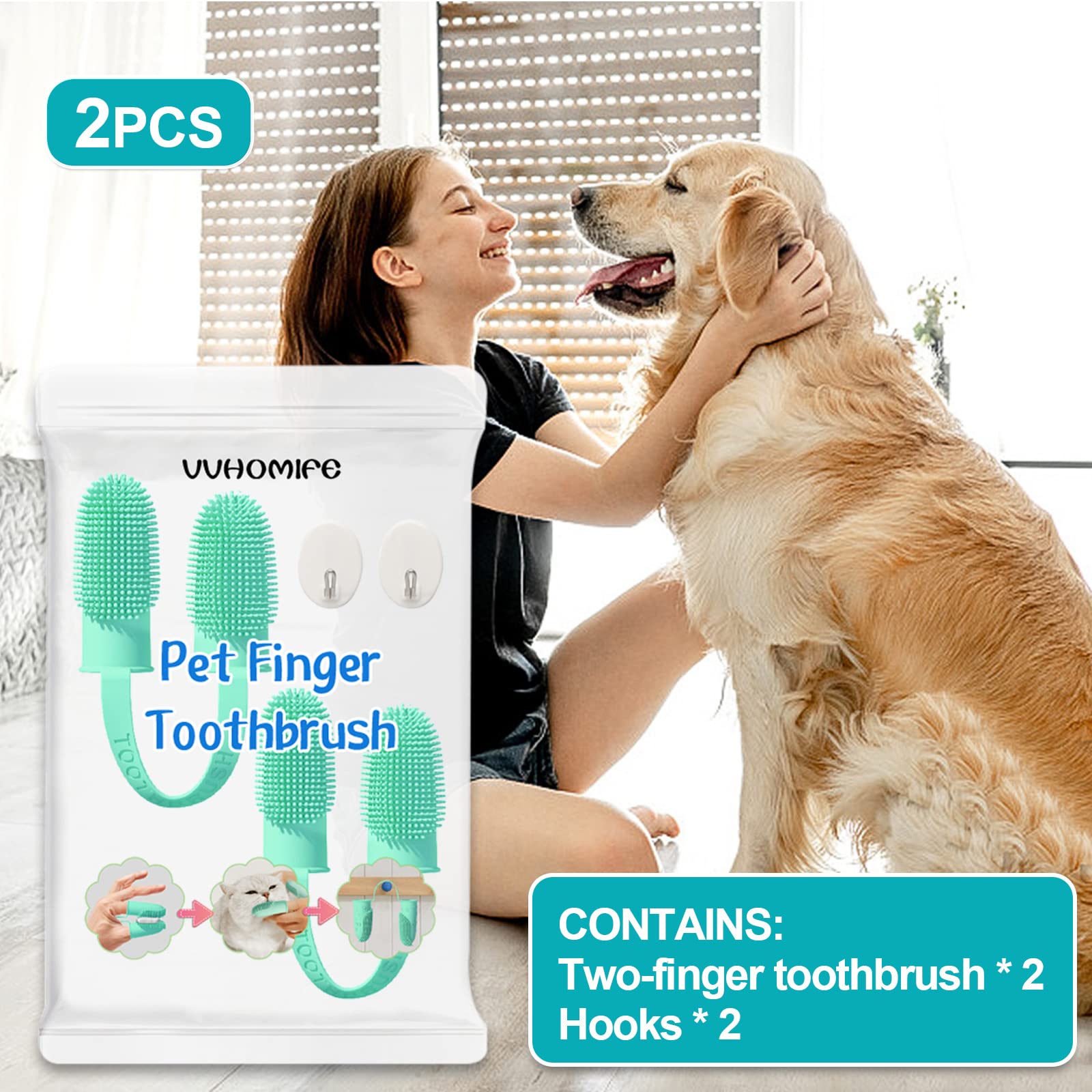 VVHOMIFE Two Finger Toothbrush for Dogs, Cat Toothbrush Two Finger, Double Cleaning Strength, Double The Efficiency, Efficient Teeth Cleaning, Ergonomic, Ring Bristle, Easier to Use. (2-pcs, Blue)