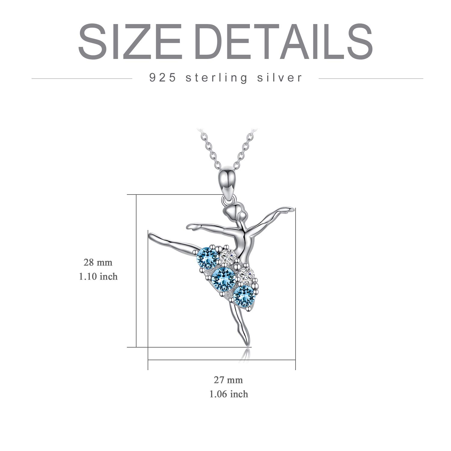 AOBOCO Ballerina Necklace Sterling Silver Ballet Dancer Pendant Jewelry with Simulated Aquamarine Crystals