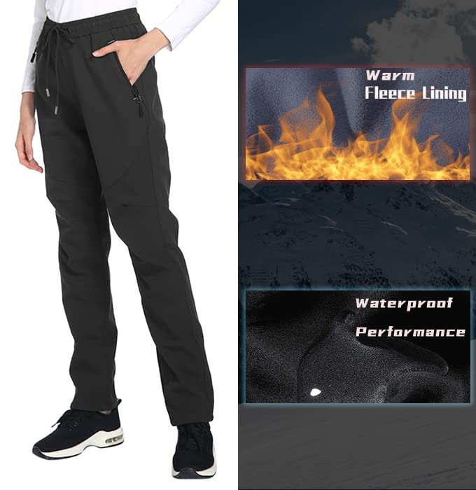 Apotemis Womens Snow Ski Pants Waterproof Windproof Fleece Lined Warm Hiking Insulated Pants Black M