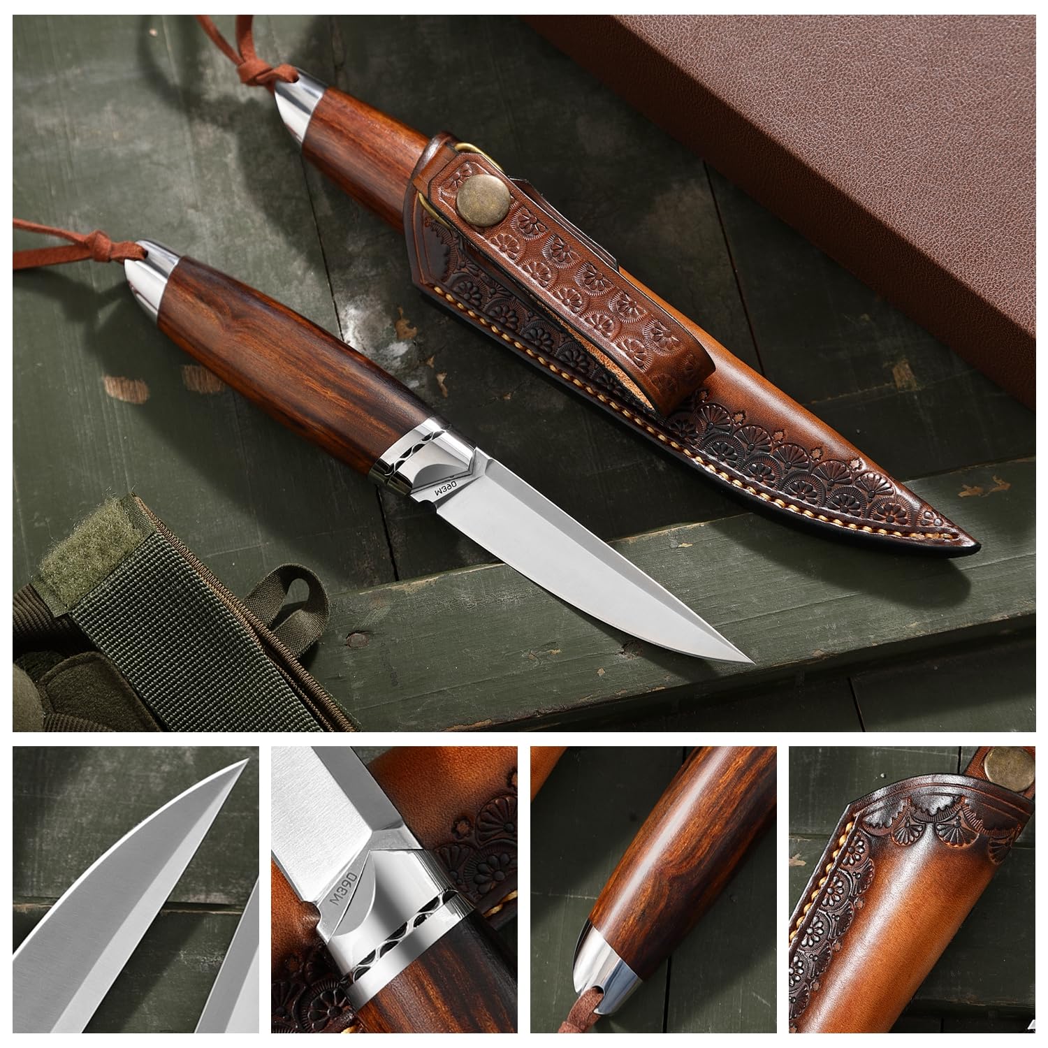 ALVELY Handmade in Northern Europe Fixed blade hunting knife,High hardness M390 steel Camping Adventure Knife,Desert Iron Wood Handle,With leather case and gift packaging,Home and Outdoor EDC knife