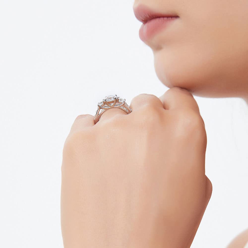 BERRICLE Sterling Silver 3-Stone Wedding Engagement Rings Round Cubic Zirconia CZ Anniversary Promise Ring for Women, Rhodium Plated Size 6