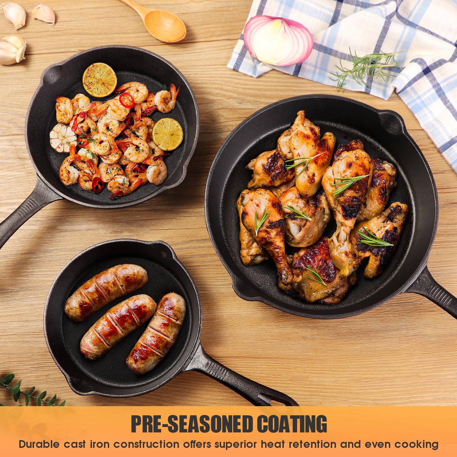 CherHome Cast Iron Skillets 3 Piece,Pre-Seasoned Cast Iron Frying Pan,Cast Iron Fry Pan Skillet Set Includes 6.5in,8in,10in Pans,Ideal for Use on any Type of Cooktop,Oven Safe