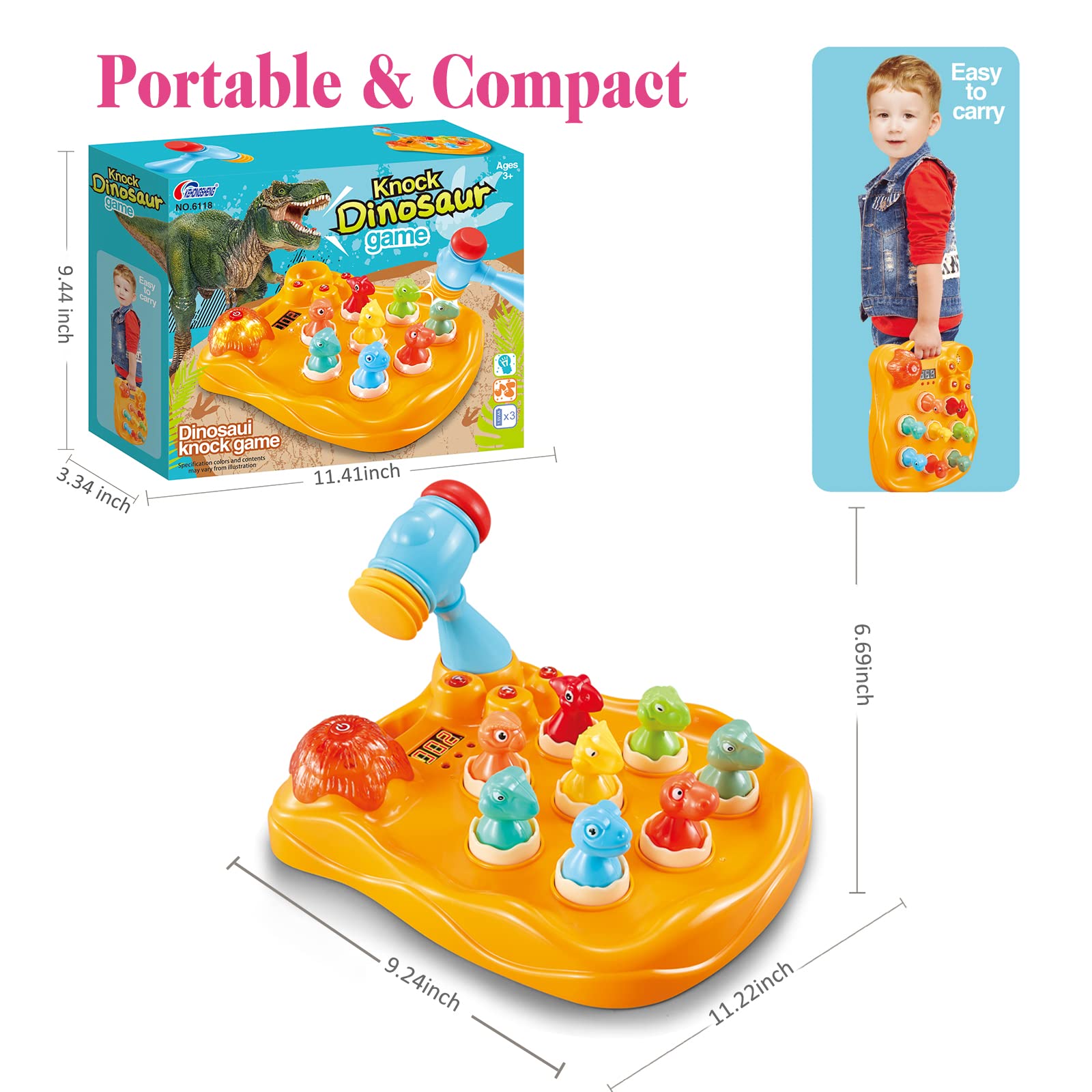 Interactive Whack A Dinosaur Game, Hammer Toy with Light-Up Musical & Hammer for Toddlers, Boys and Girls 3 4 5 6 7 8 Year Old, Pounding Toy, Learning, Early Developmental Toy as Best, Fun Gifts.