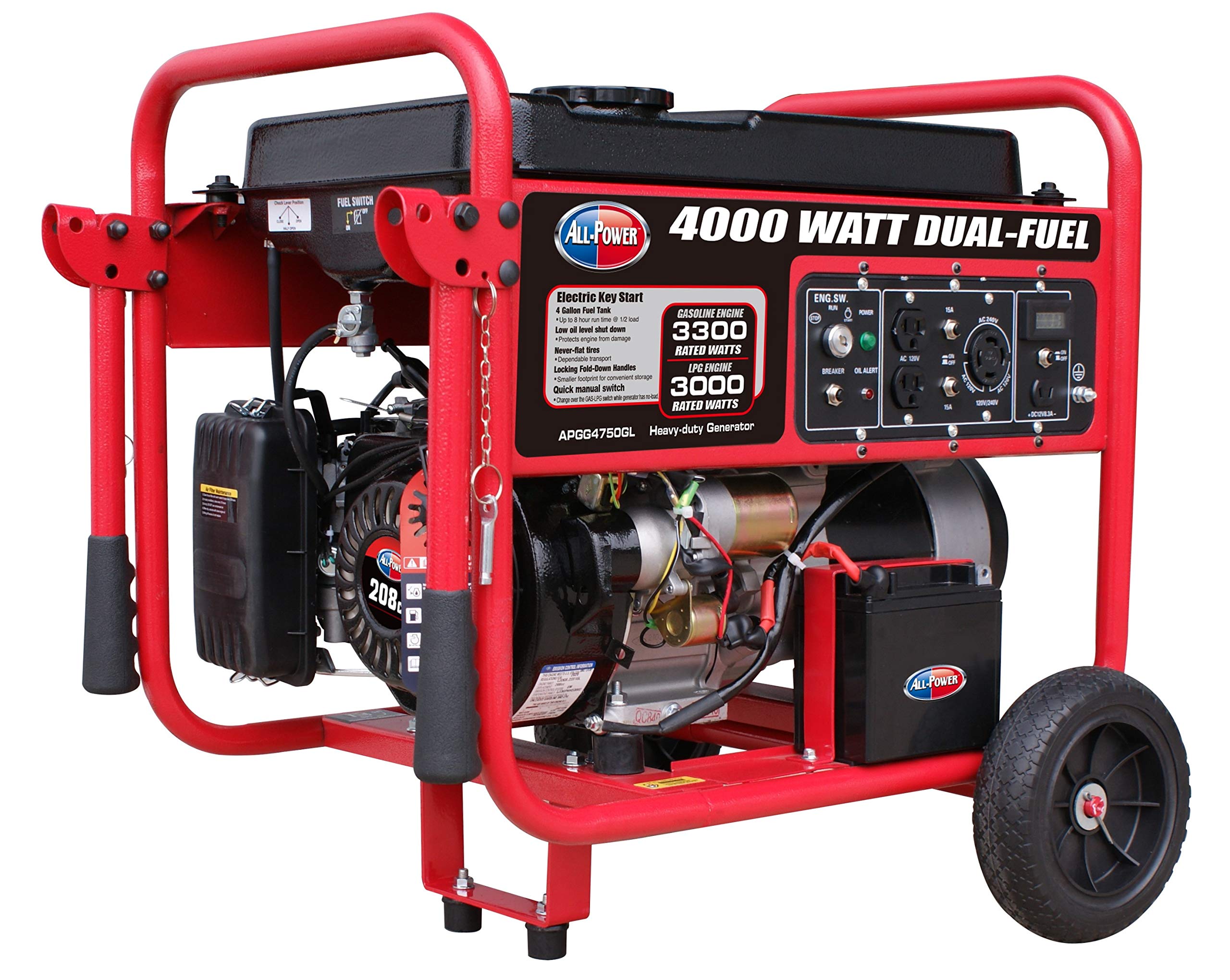 All Power America 4000 Watt Portable Dual Fuel Generator - Electric Start - Gas/Propane(LPG), Black/Red