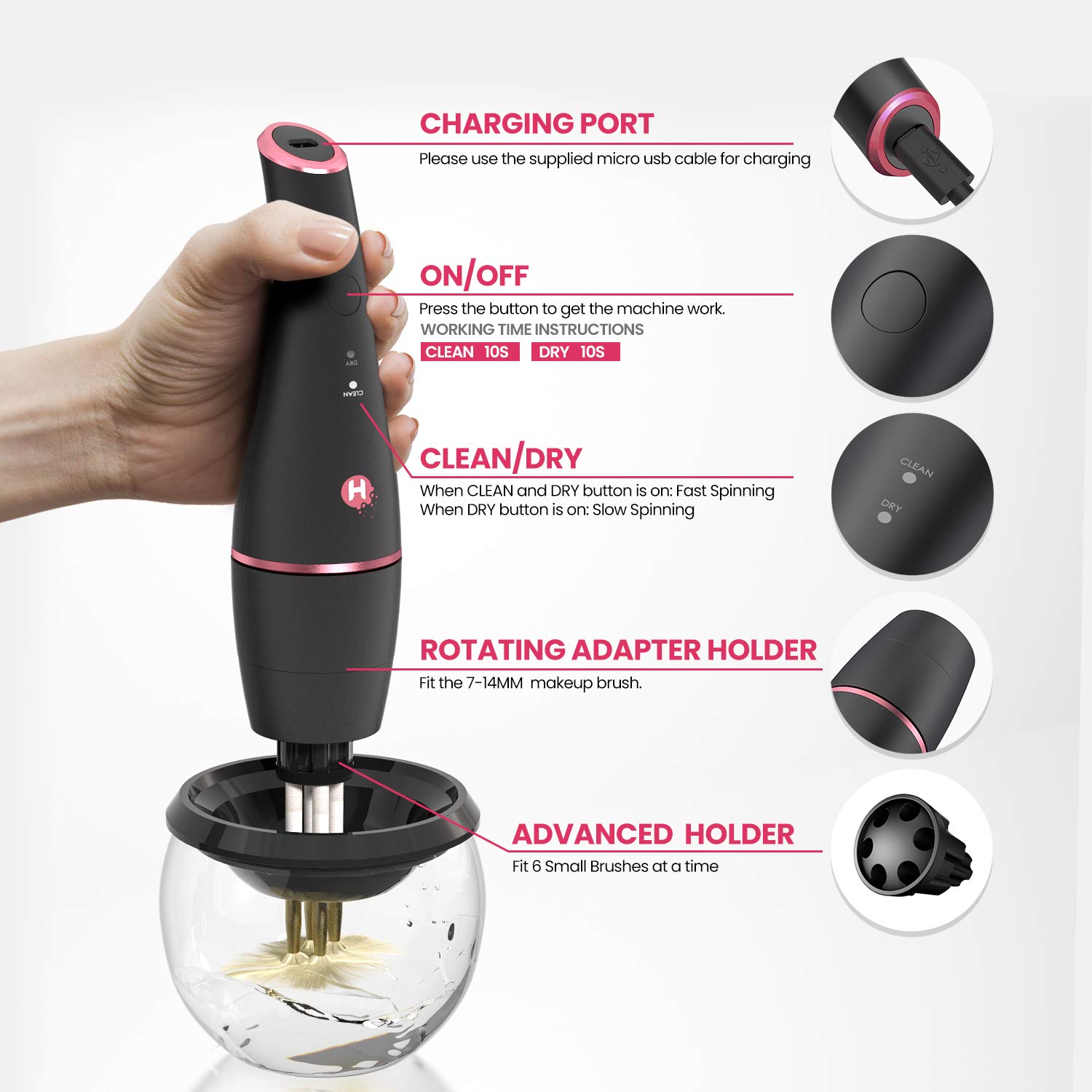 All in 1 Makeup Brush Cleaner, HOPEMATE Electric Makeup Brush Spinner Dryer Cleaning Machine, Cleanse Cosmetics, Dusts of Makeup Brushes