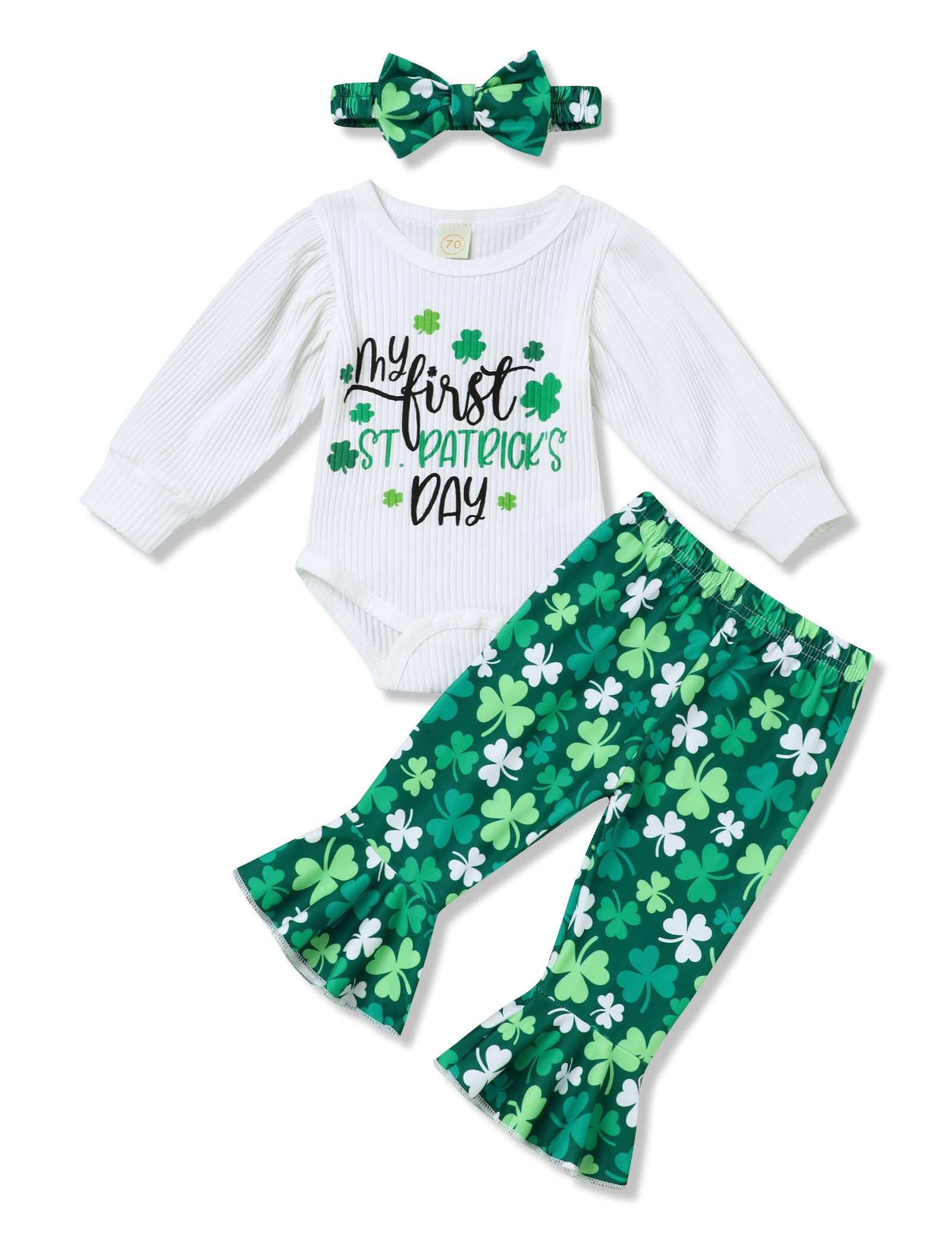 bilison St Patricks Day Baby Girl Outfit My First St Patricks Day Romper Tops Four Leaf Clover Flare Pants with Headband Set