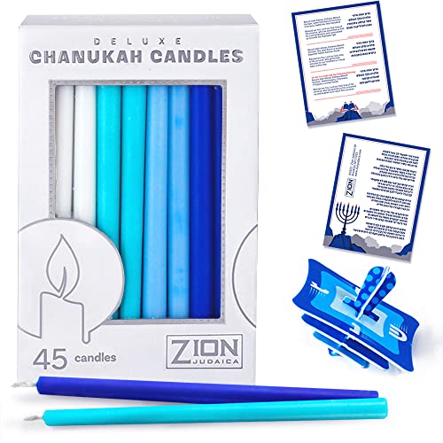 Festive Hanukkah Candles Box of 45 Multi-Blue Candles Thin Chanukah Menorah Candles with Prayer Card & DIY Dreidel Fits Standard Menorahs for All 8 Nights of Hanukah by Zion Judaica