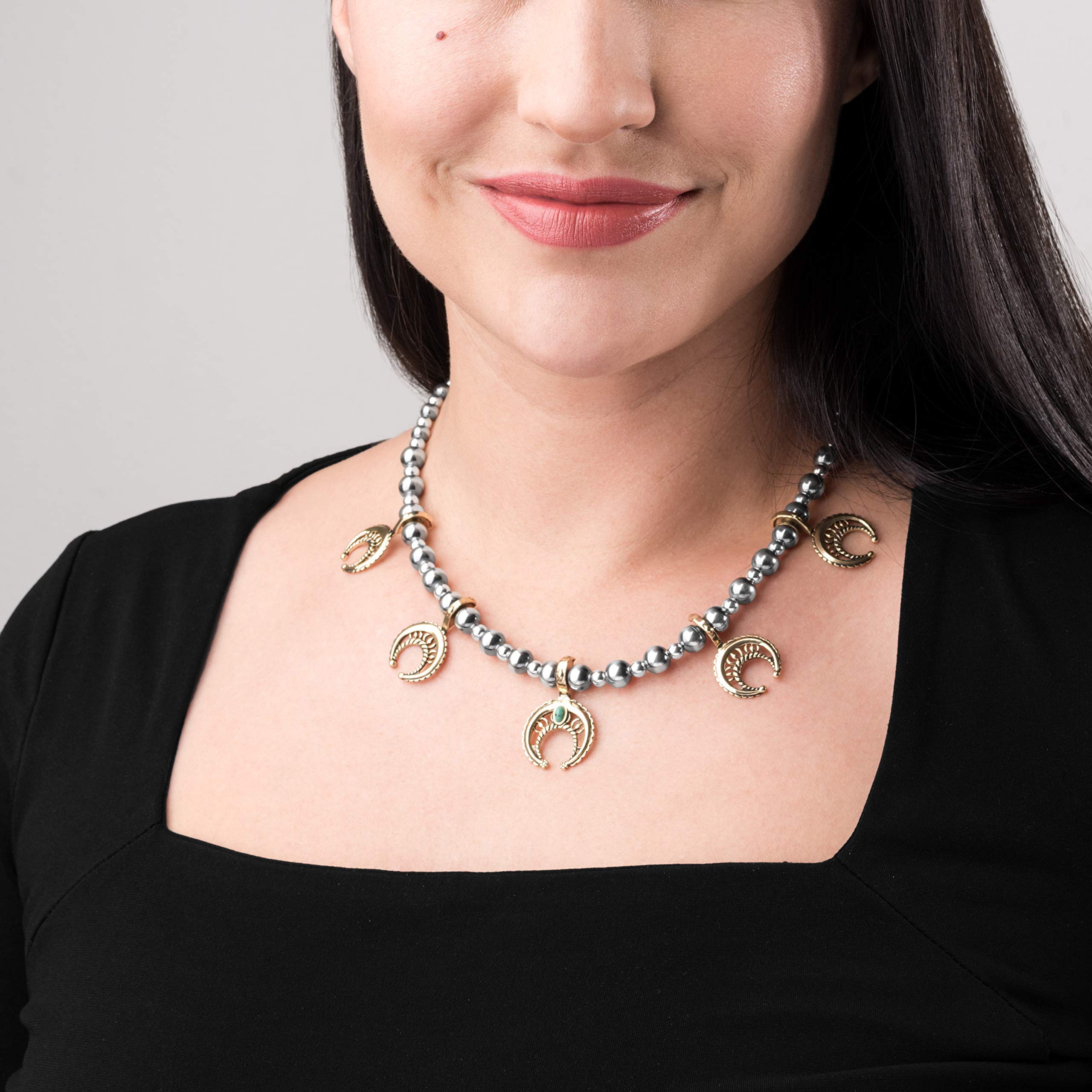 American West Sterling Silver and Brass Green Turquoise Naja Necklace 18-20 Inch