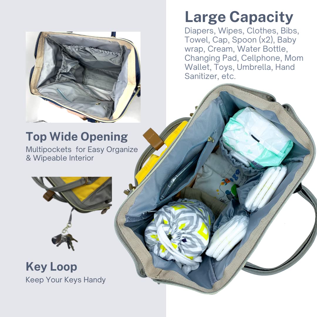 Babykargo Diaper Bag Backpack, Large Capacity, Shower gift, Water Resistant, Tote, Travel Bag & FREE Accessories (Yellow-Gray)