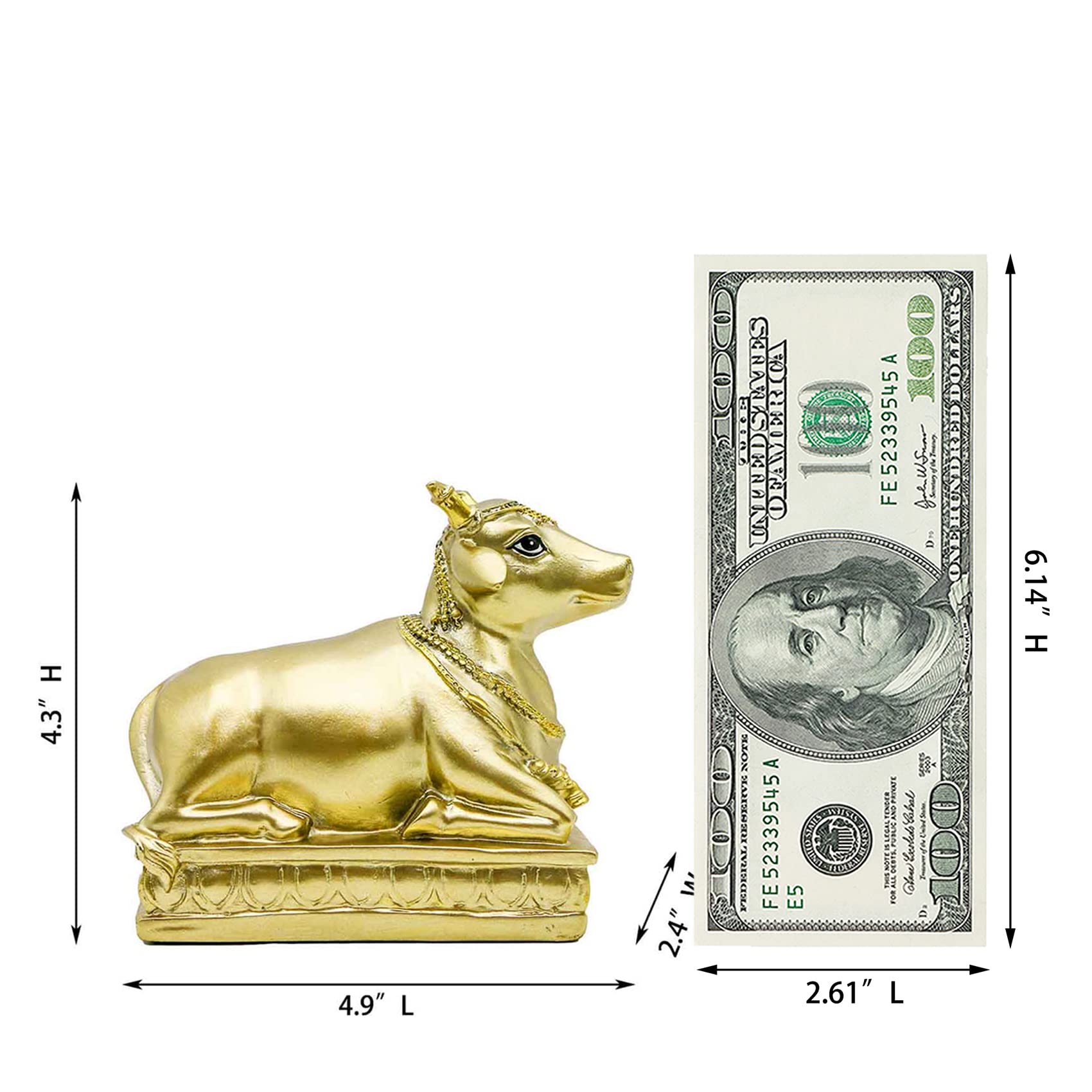 Hindu Nandi Holy Cow Statues - 2PCS Gold Nandi Cow Sitting Position Statue for House Temples Puja Home Decor Diwali Gift
