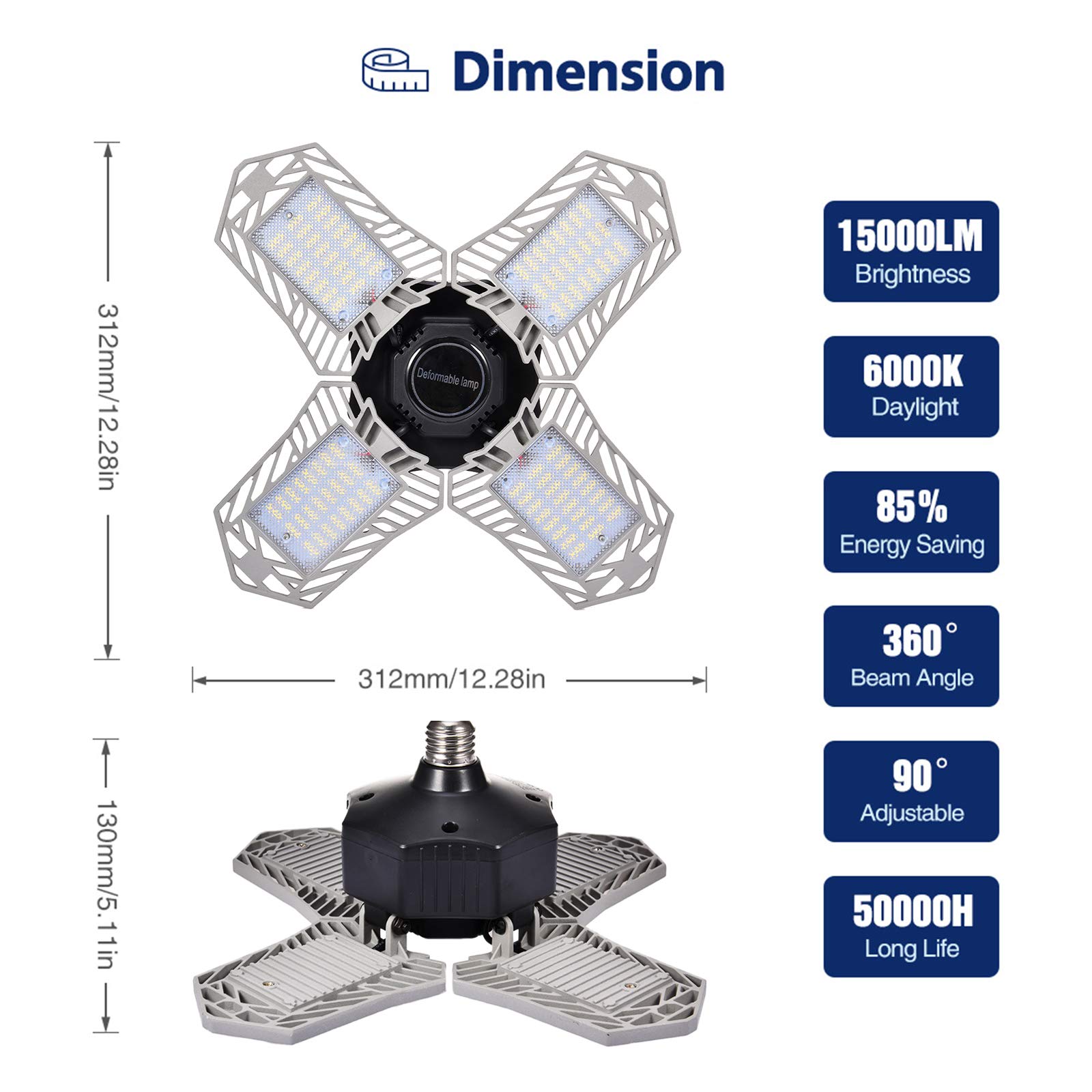 Ankishi Garage LED Lights Ceiling 2 Pack,150W Deformable led Garage Lights,E27/E26 Garage LED Light with 4 Adjustable LED Panels,15000LM LED Shop Lights for Garage,Warehouse,Workshop and Yard