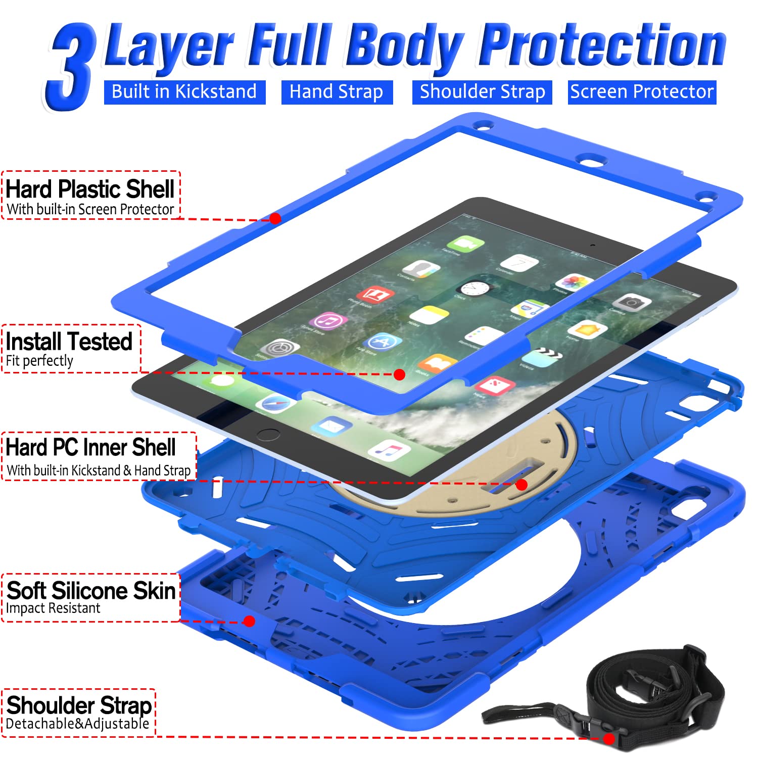 AVAWO iPad 9.7in 6th Generation Case with Protector&Strap&Kickstand