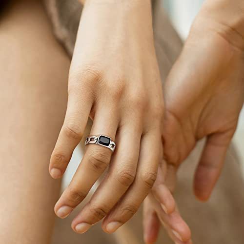 Bestyle Silver Black Onyx Ring - Sterling Silver Band Ring Index Middle Finger Stacking Doom Ring, Cuban Link Chain Band Ring with Black Crystal, Great Birthday Gift for Her, Size 8
