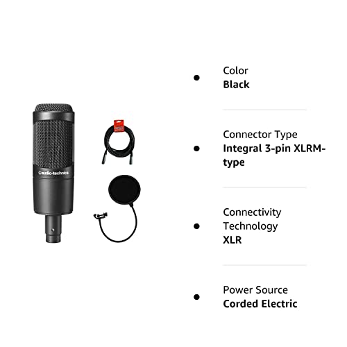 Audio-Technica AT2035 Cardioid Condenser Microphone Bundle with Pop Filter with 2 Layered Mesh and 10-foot XLR Cable