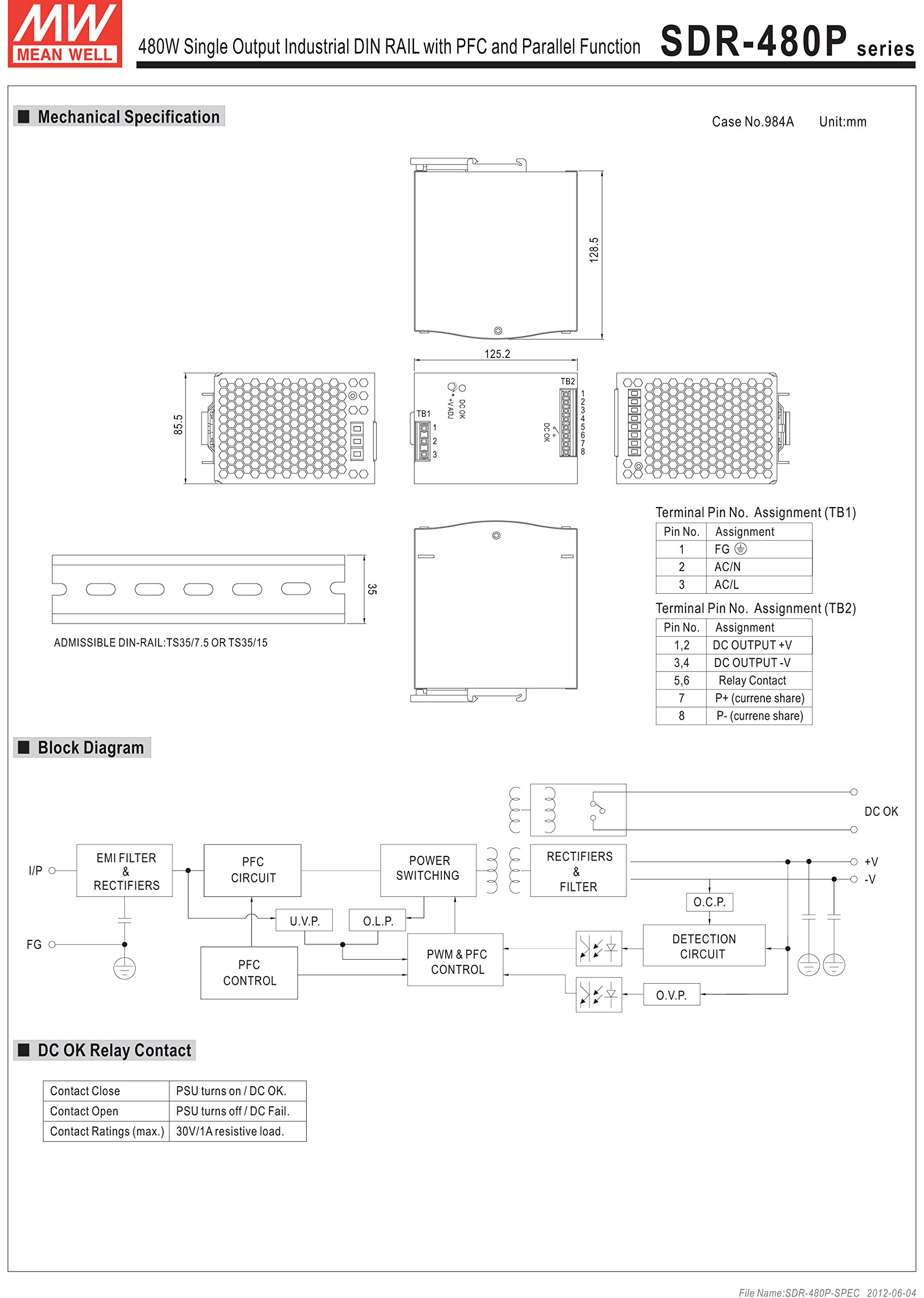 MW Mean Well SDR-480P-24 24V 20A DIN Rail Power Supplies