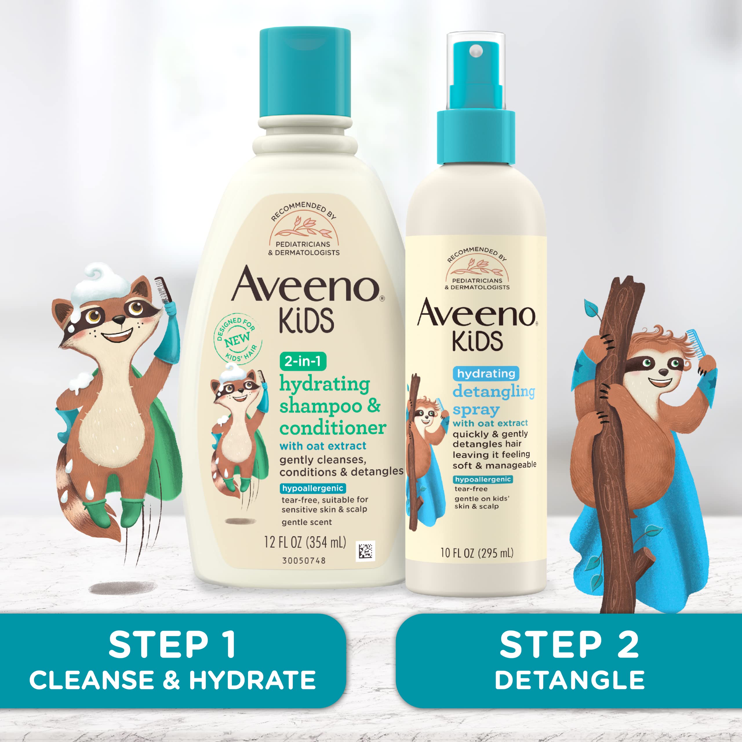 Aveeno Kids Hydrating 2-in-1 Shampoo & Conditioner with Detangling Spray, Gently Cleanses and Conditions Hair, 12 fl. oz & 10 fl. oz