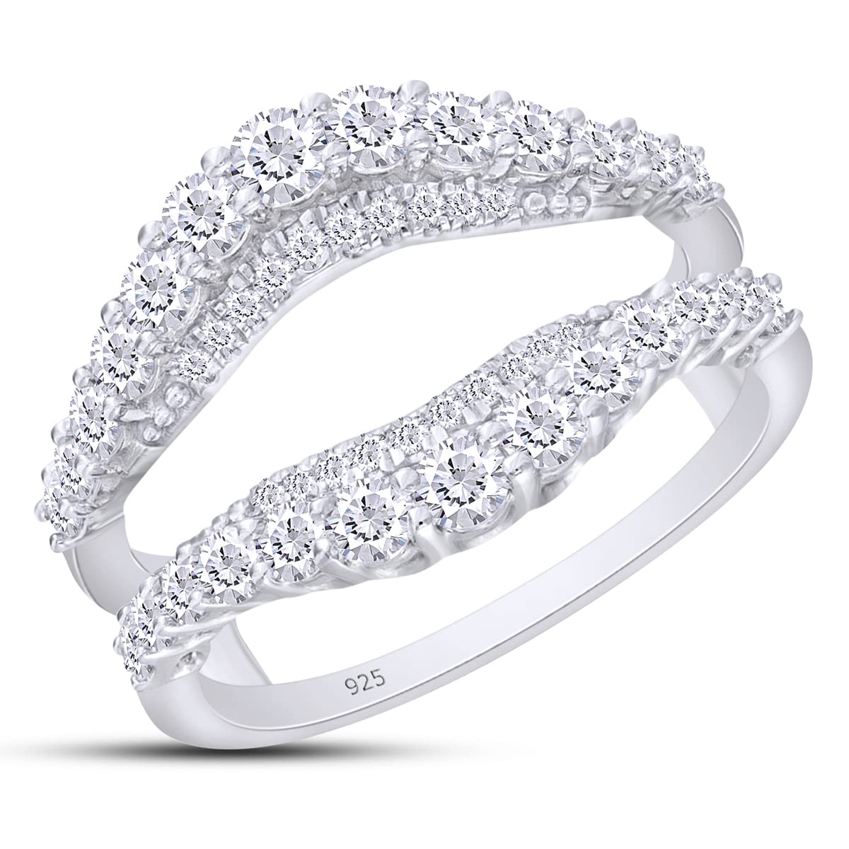 AFFY Round Cut White Cubic Zirconia Double Row Prong Set Contour Solitaire Enhancer Engagement Ring In 14k White Gold Over Sterling Silver (2.06 Cttw) Ring Size-5