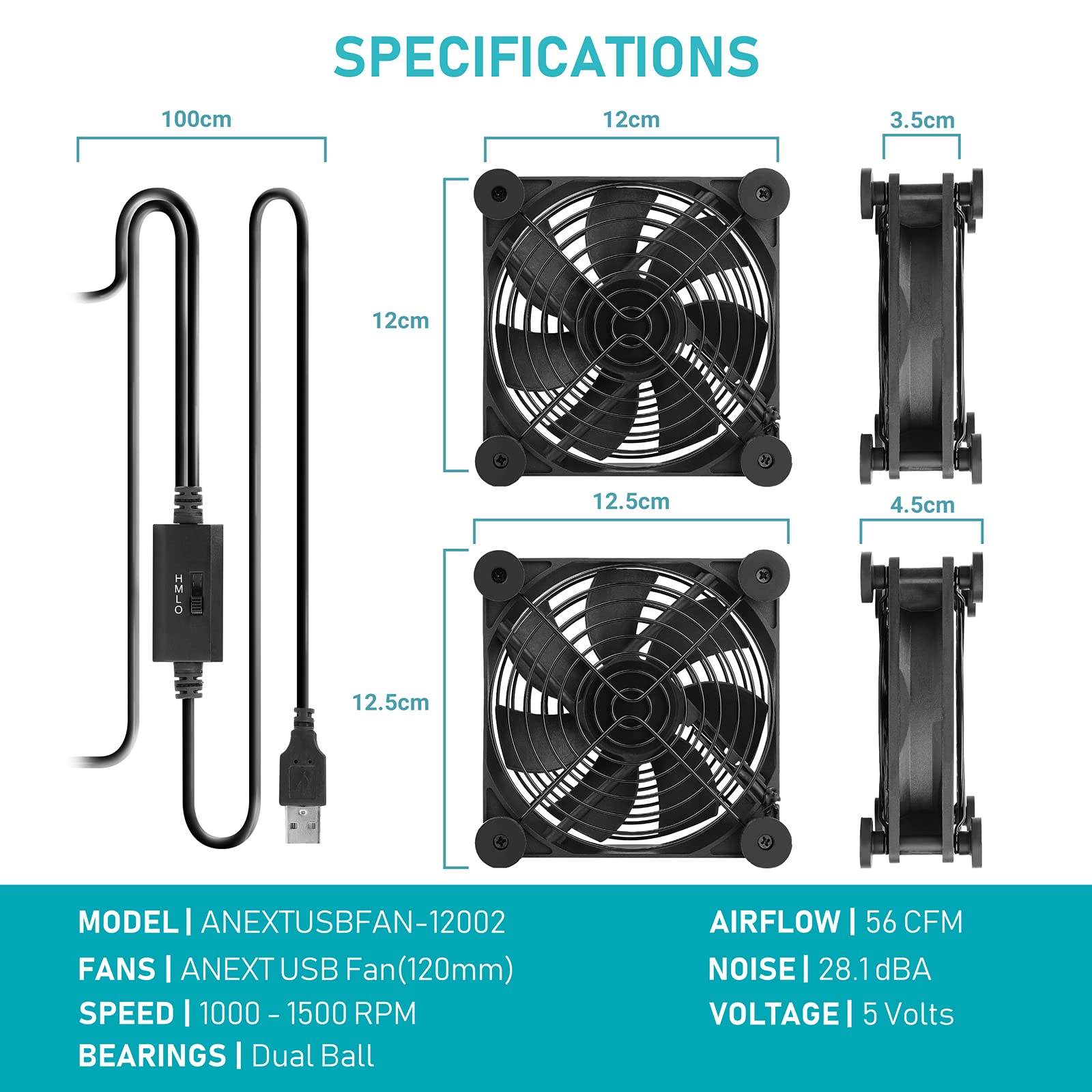 ANEXT, 120mm USB Fan, 120mm Fan, Silent Fan for Receiver DVR Playstation Xbox Computer Cabinet Cooling, 2 Packs(Black,1x Dual)